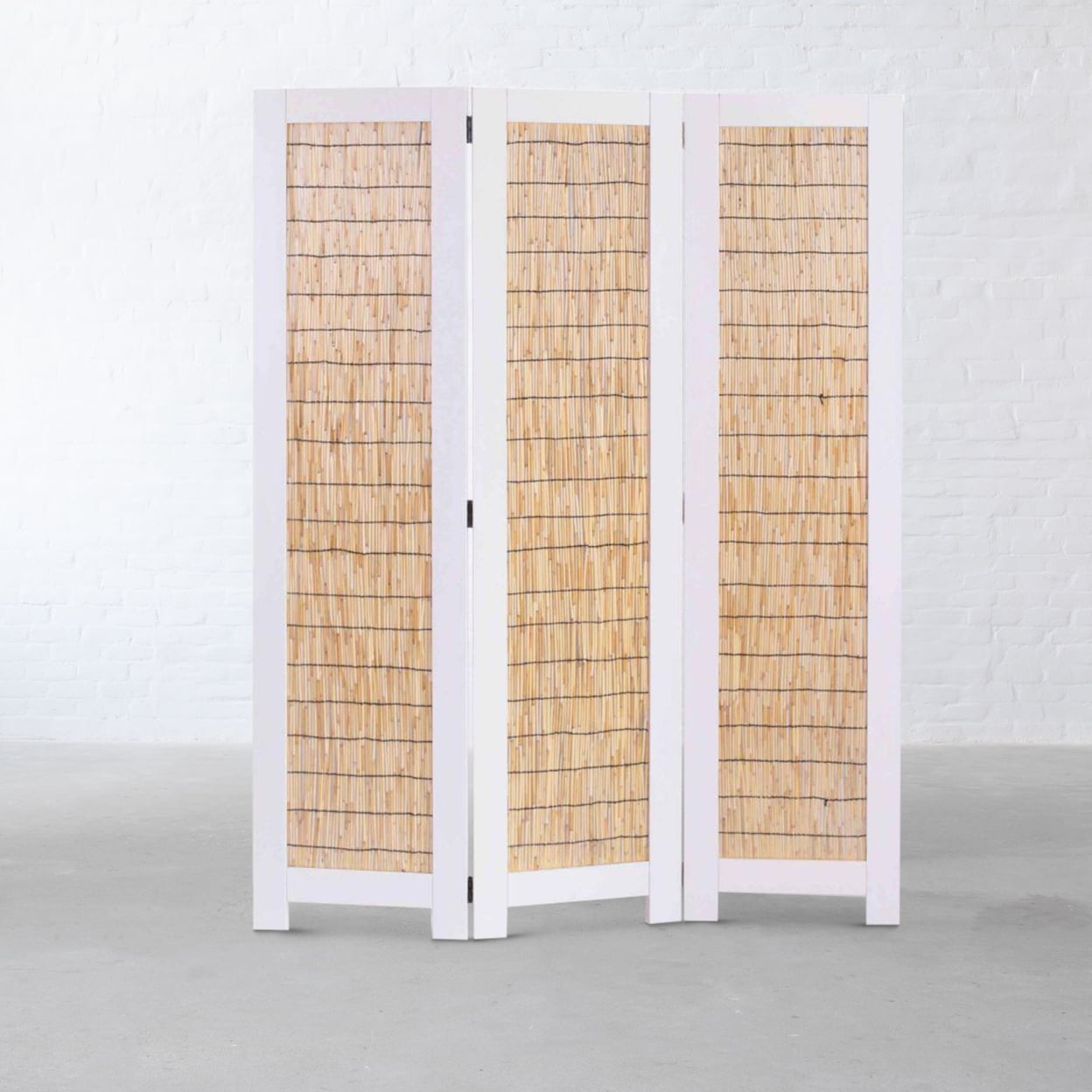 Transitional 3 Panel Wooden Screen with Wicker Paneling, White and ...