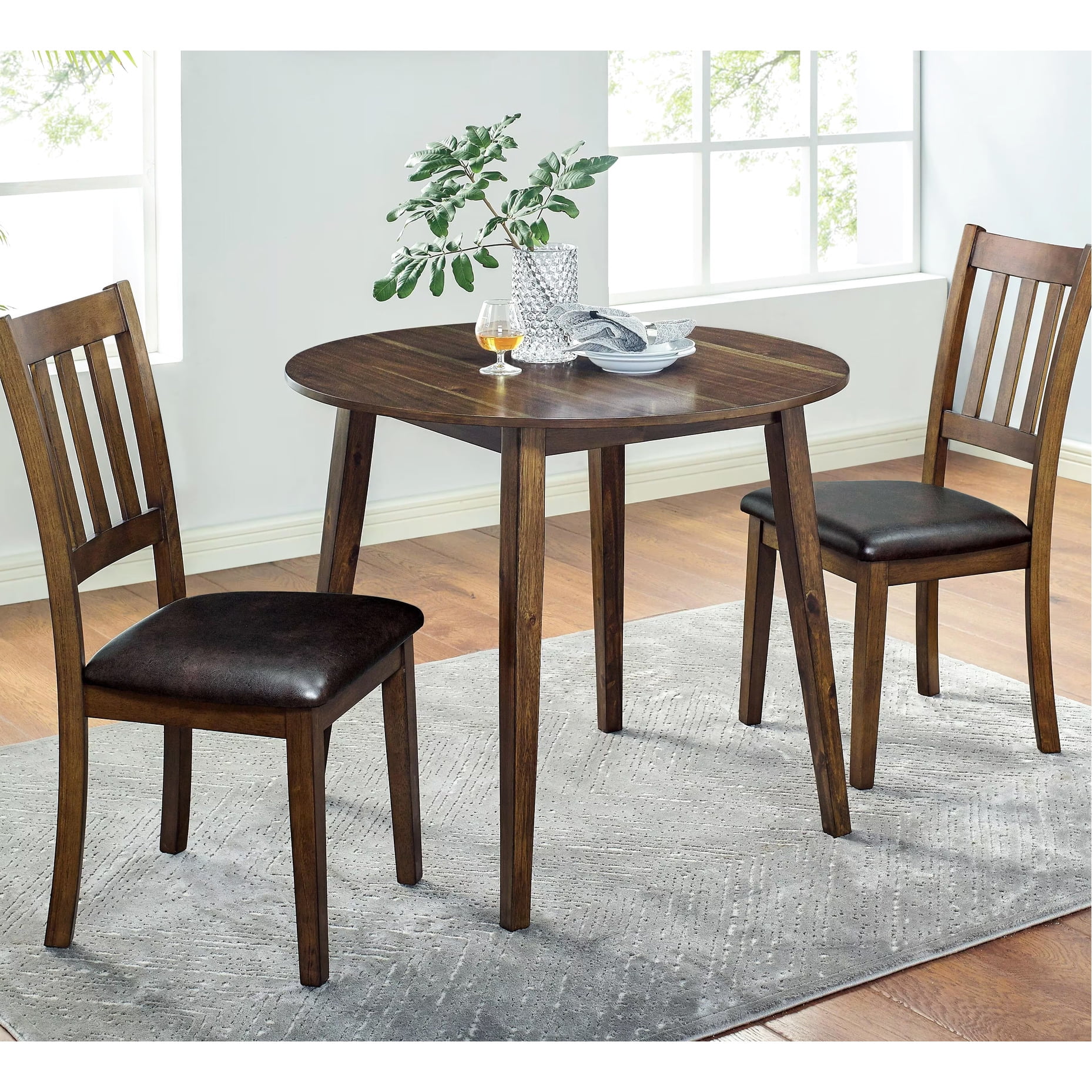 Transitional 3pc Dining : Round Table & 2 Chairs, Walnut Brown, Solid ...