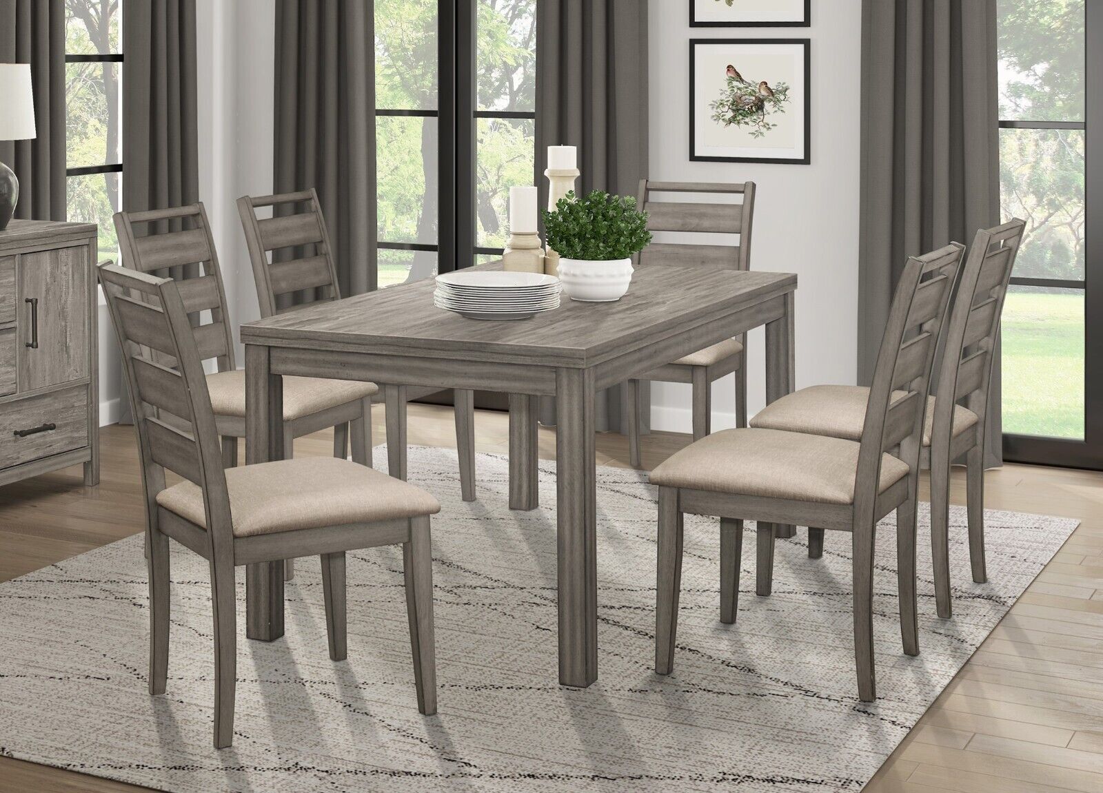 Transitional 7pc Dining Set Rectangular Table Chairs Padded Seat Wooden ...