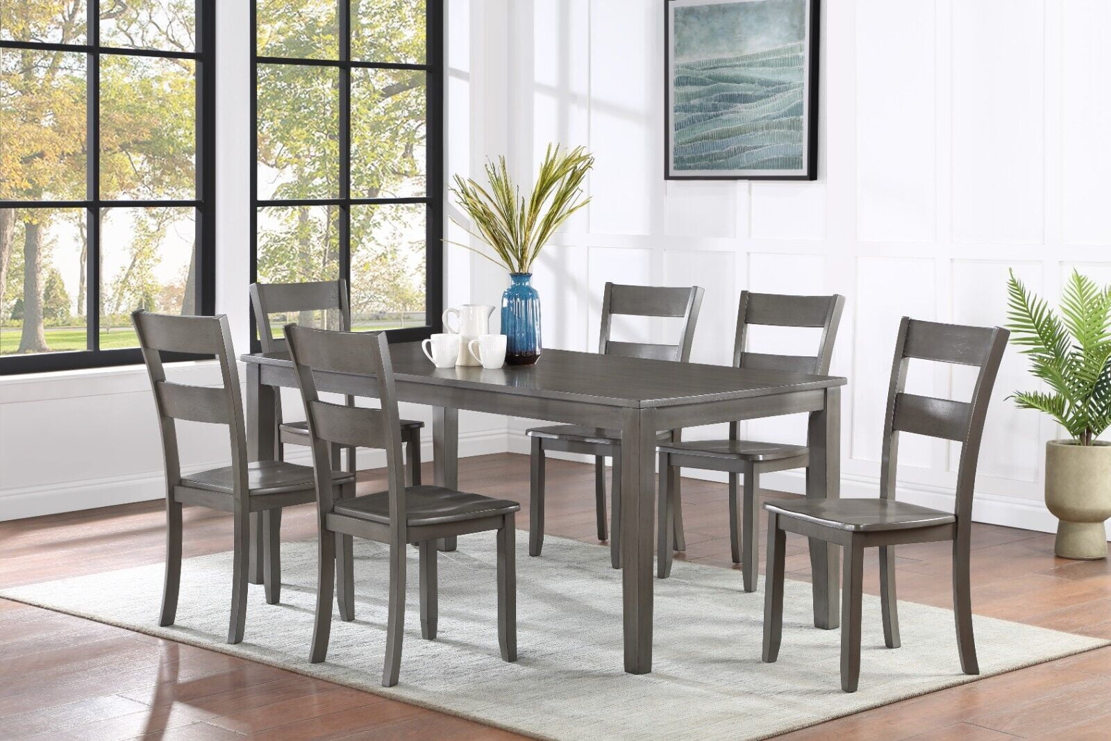 Transitional 7pc Dining Set Rectangular Table Ladder Back Chairs Wooden ...
