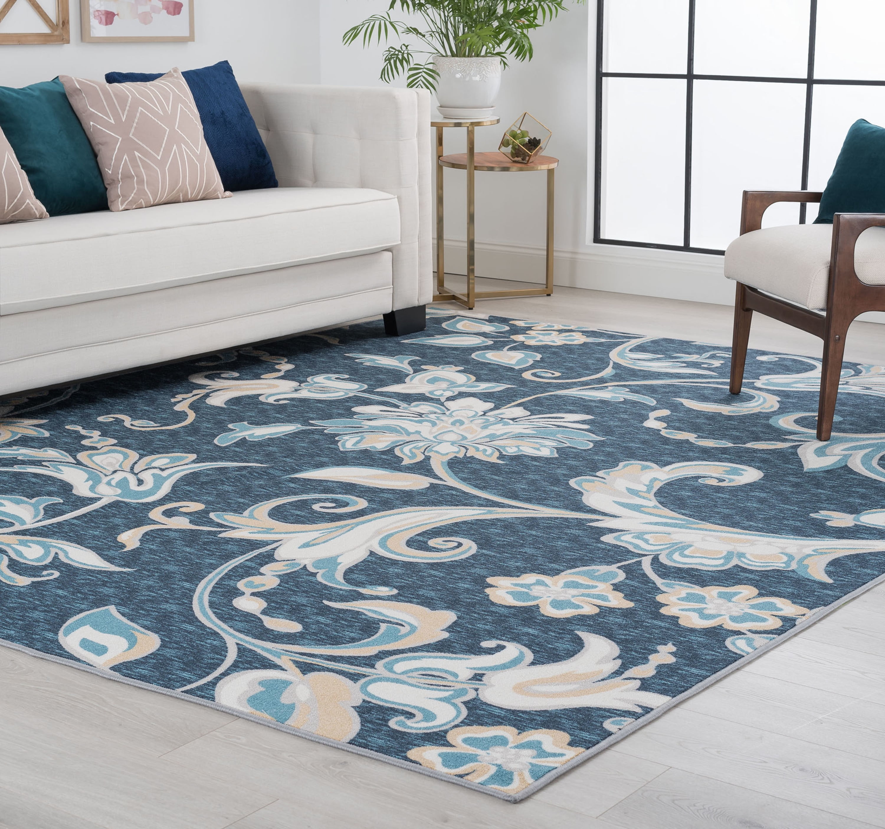 Transitional 7x10 Area Rug (6'7'' x 9'6'') Floral Navy, Aqua Living ...