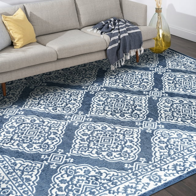 Transitional 8x10 Area Rug (7'11'' x 10'3'') Floral Blue, White Living ...