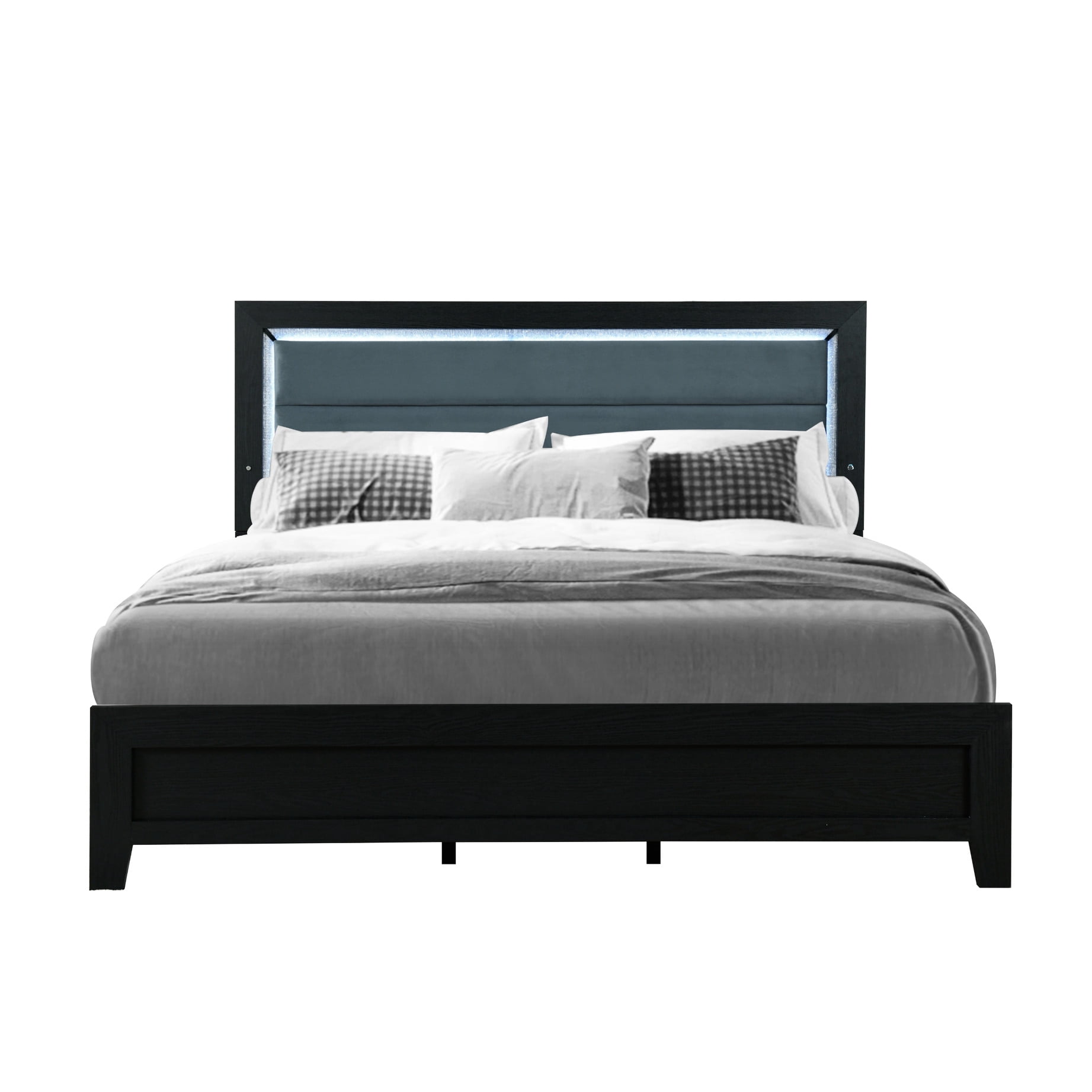 Transitional Black King Bed With Led Lighting, Upholstered Headboard ...