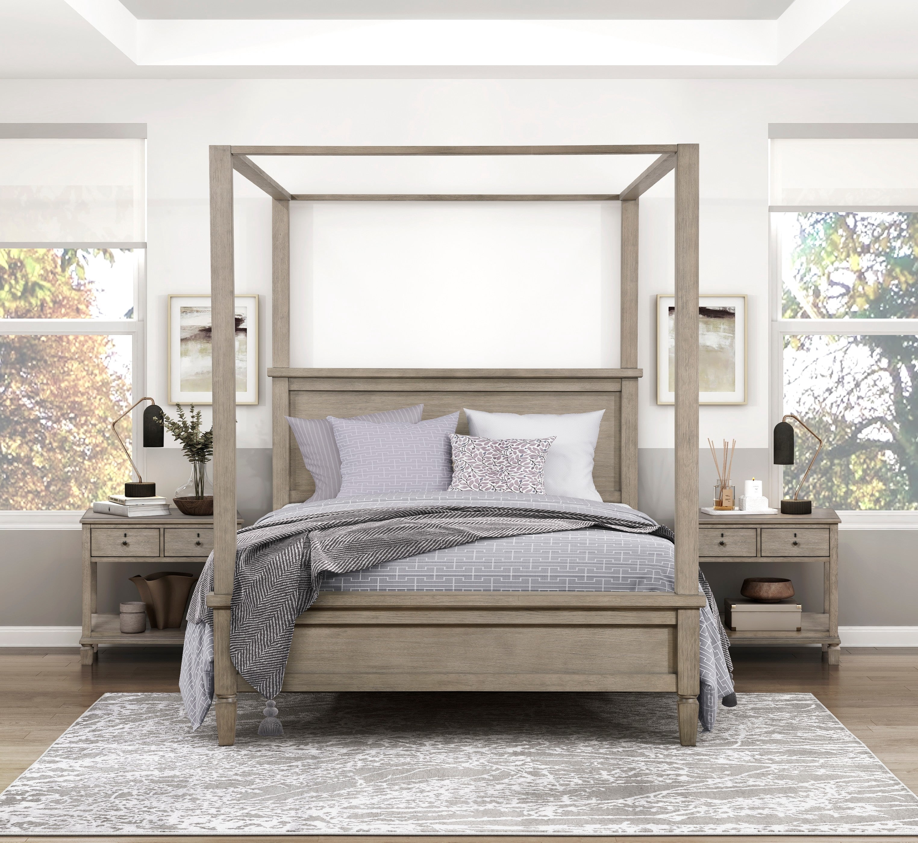 Transitional Canopy Bedroom Set 3pc King Size Platform Bed and 2x ...