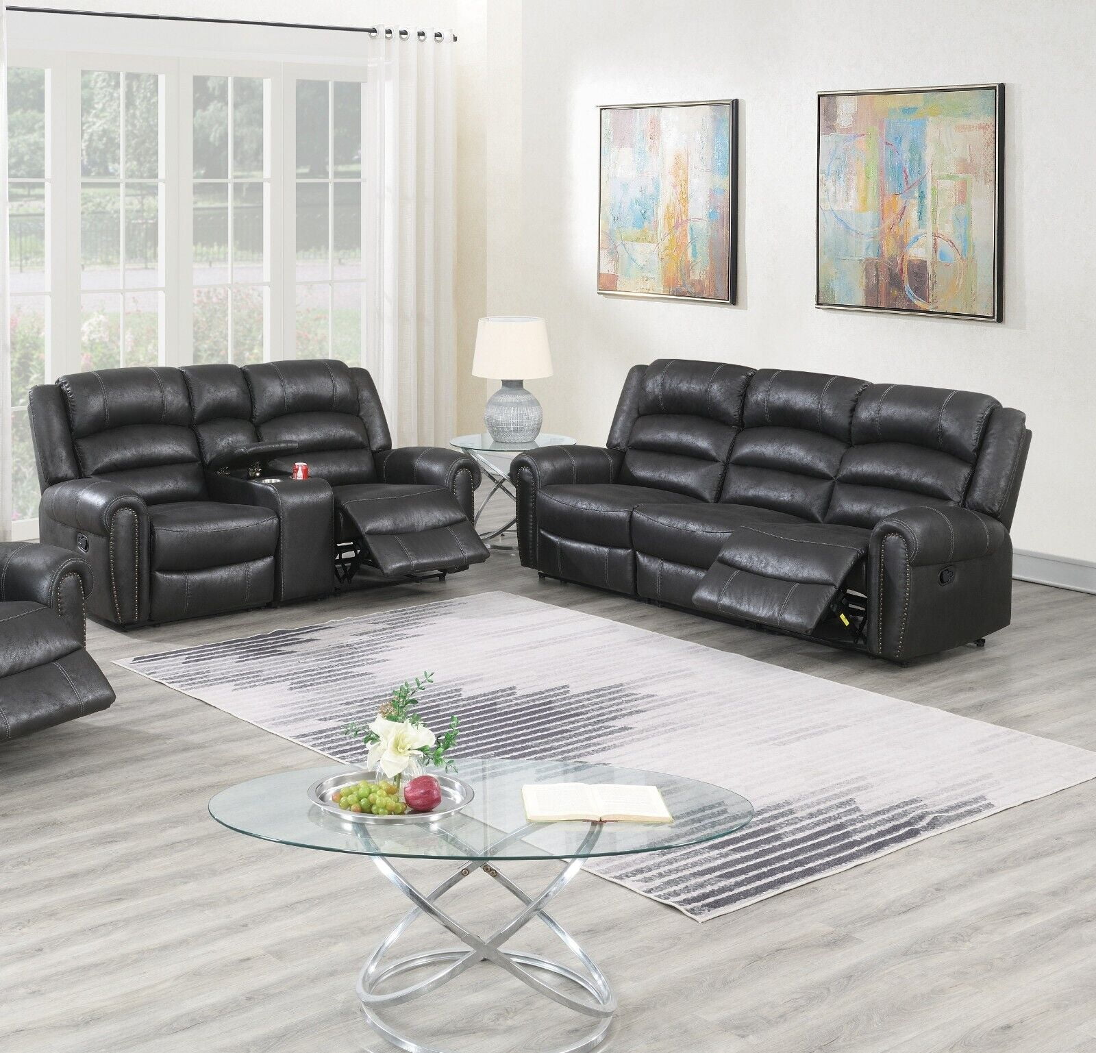 Transitional Casual Power Motion Reclining Sofa Loveseat w Console ...