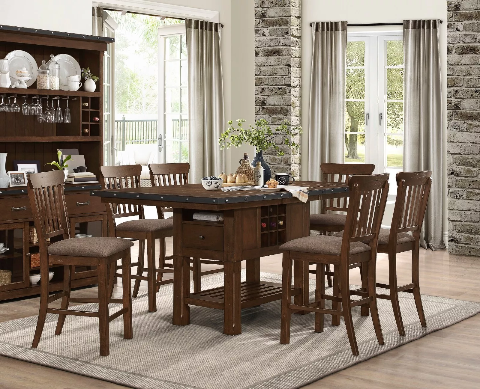 Transitional Counter Height Dining 7pc Set Table with Drawers Extension ...