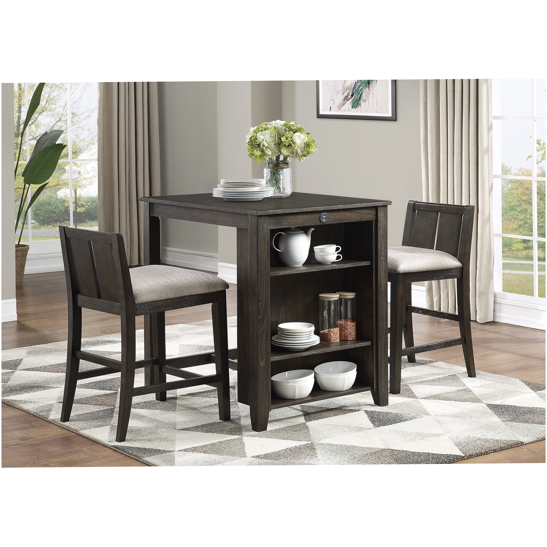 Transitional Counter Height Dining Set with USB Ports, Dark Cherry ...