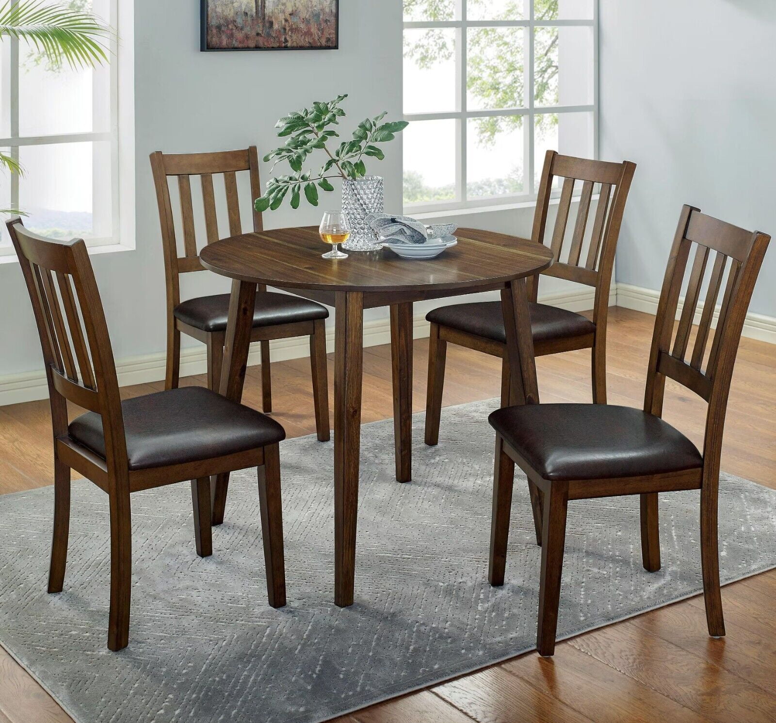 Transitional Cozy 5PC. Round Dining Table Set Walnut Solid wood Dining ...