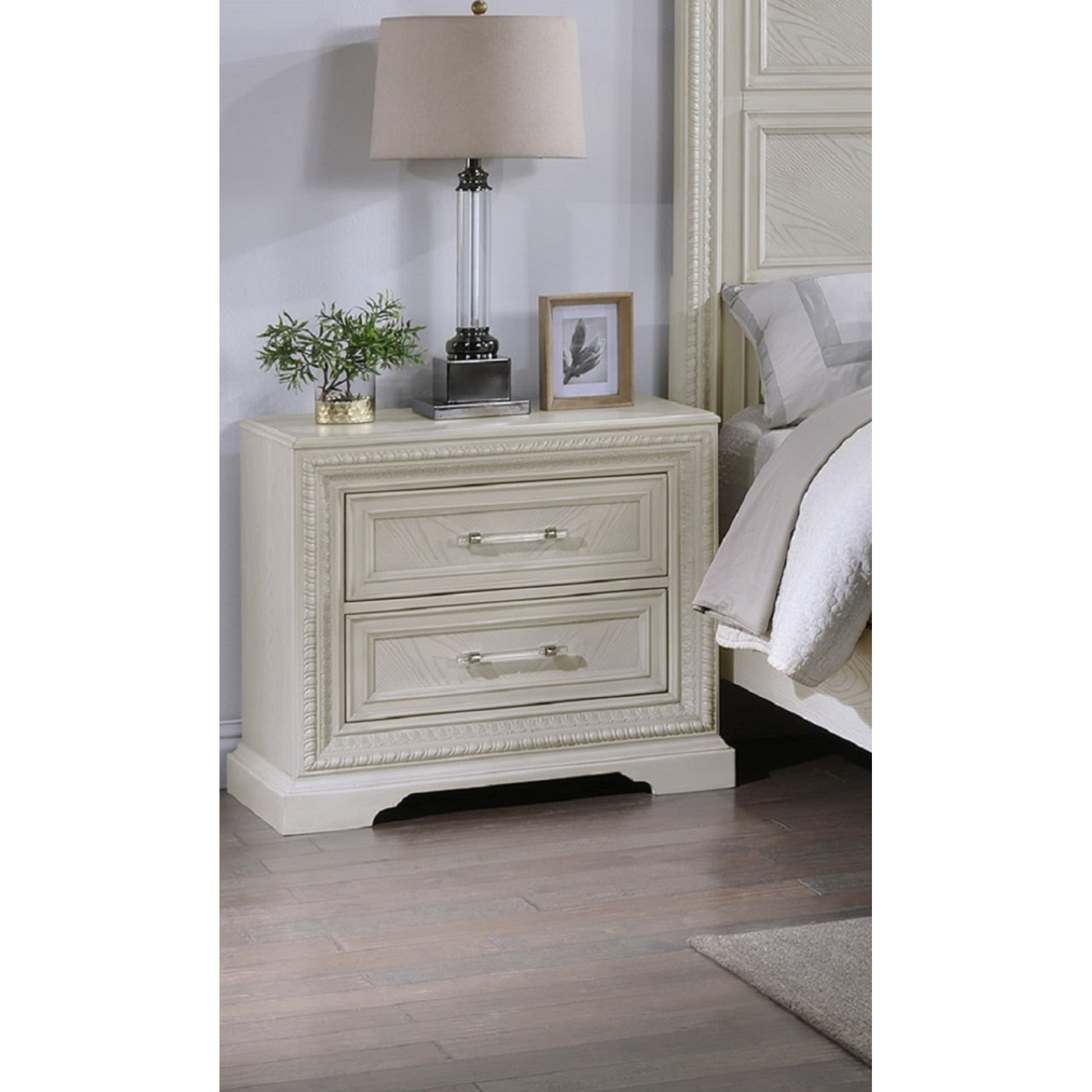 Transitional Cream White Nightstand With Storage Drawers - Wood Bedroom ...