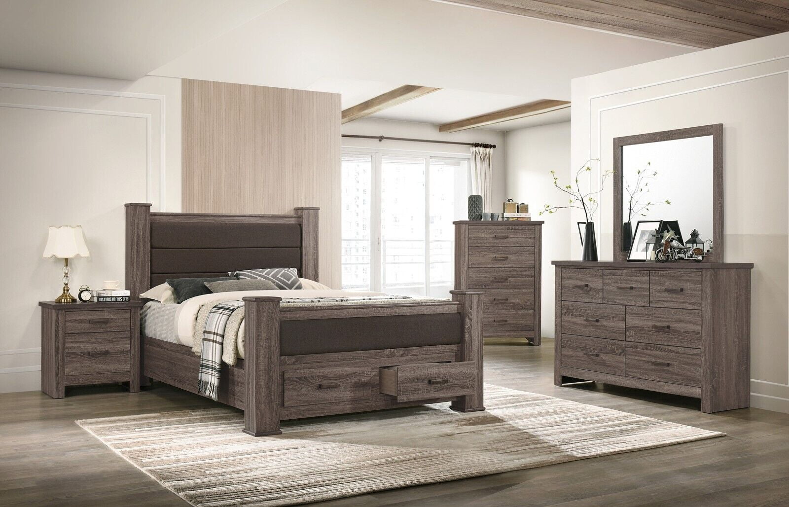 Transitional Elegant Wooden 6pc Bedroom Set Queen Size Bed w Drawers ...