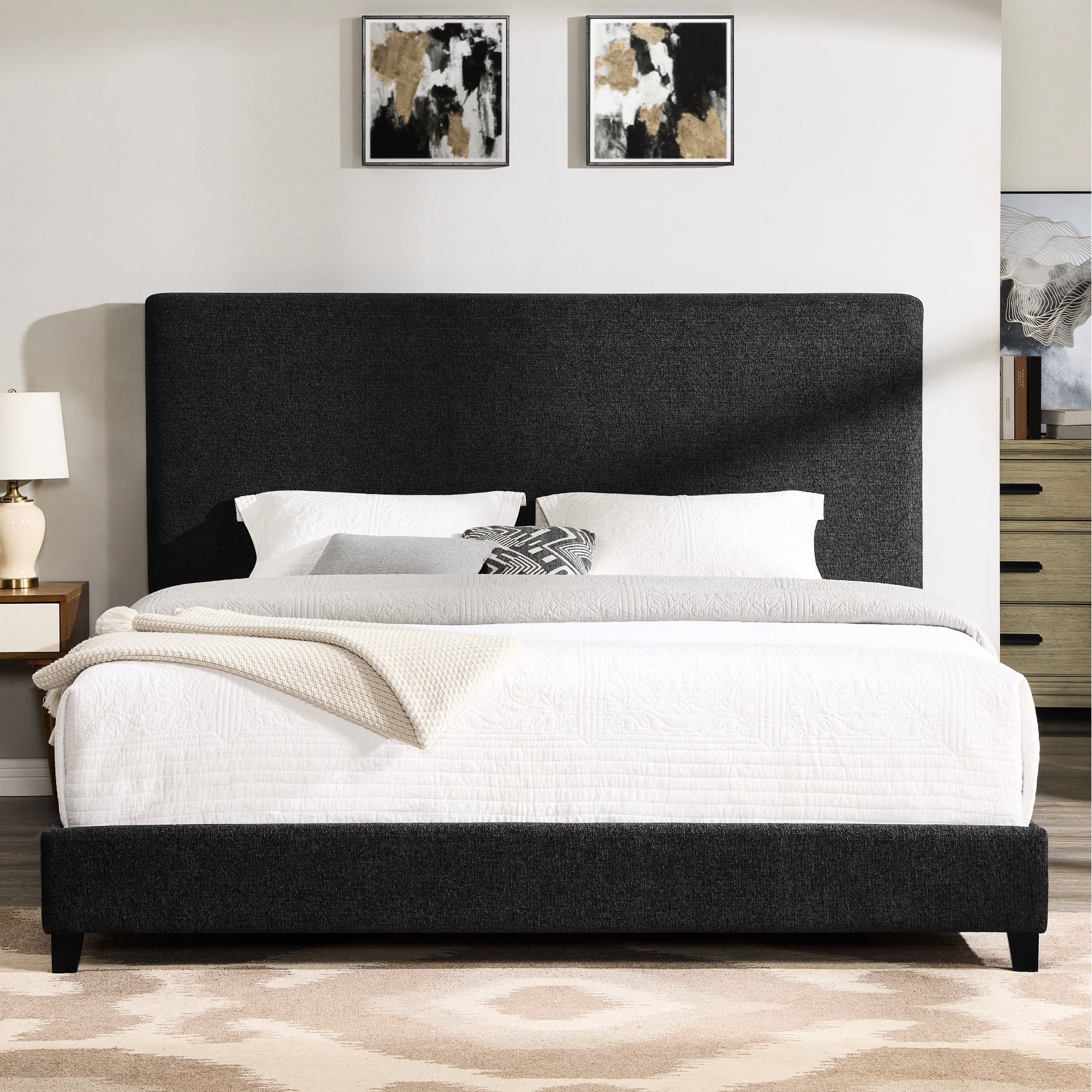 Transitional Grey Bedroom King Bed With Padded Headboard And ...