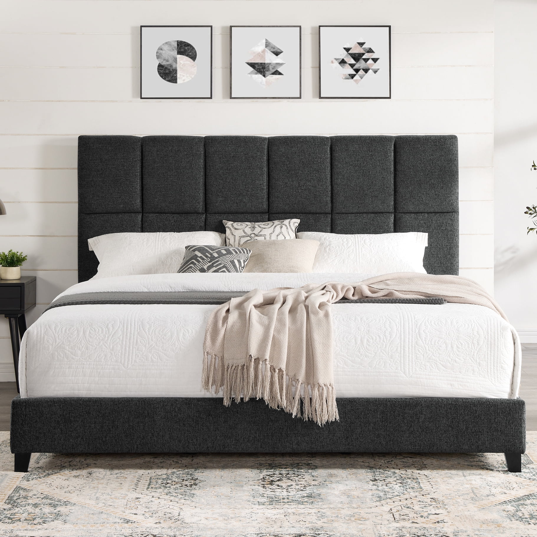Transitional King Platform Bed With Dark Grey Upholstery And Solid Feet ...