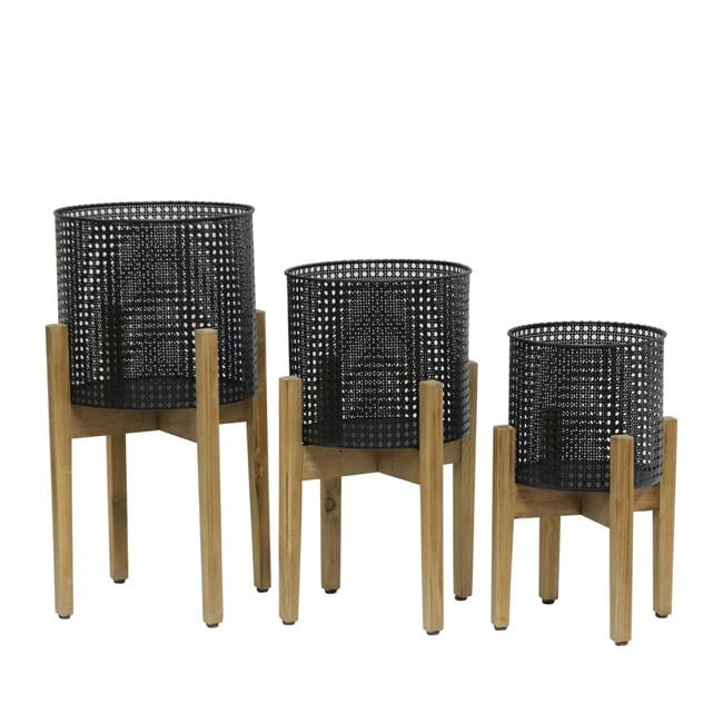 Transitional Metal Mesh Planter with Wooden Base, Black & Brown - Set ...