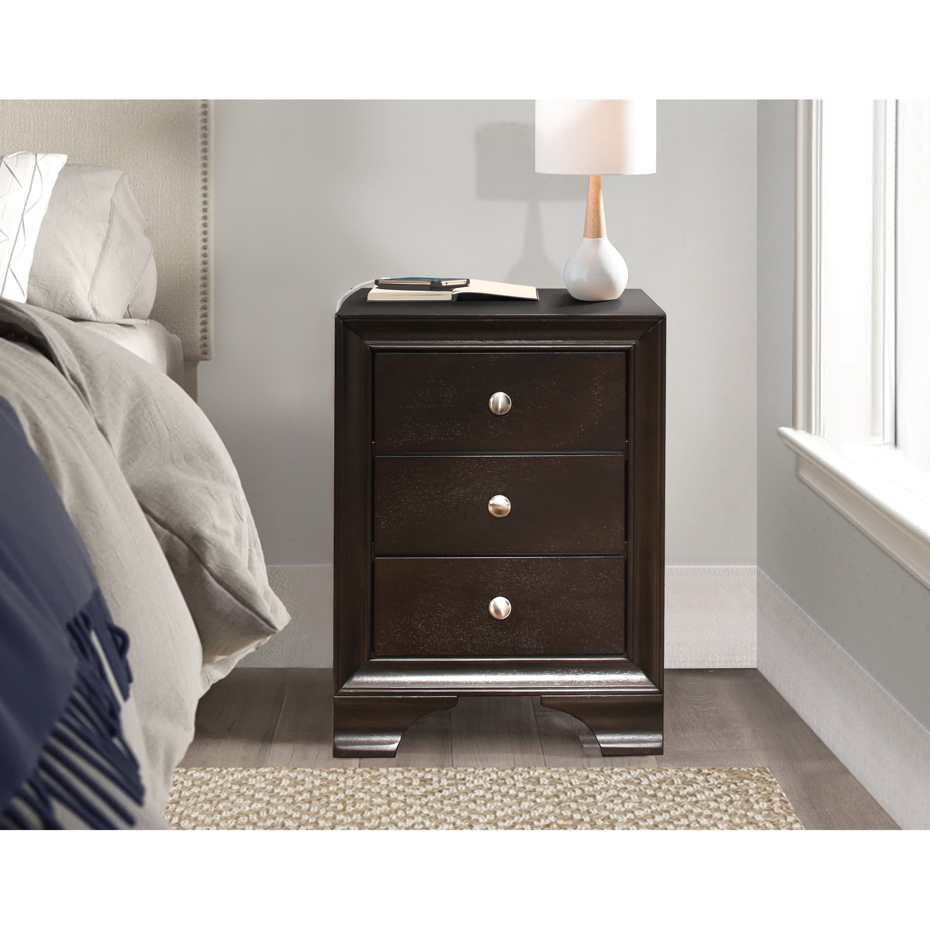 Transitional Nightstand With 3 And , Brown Bedroom Furniture Finish For ...