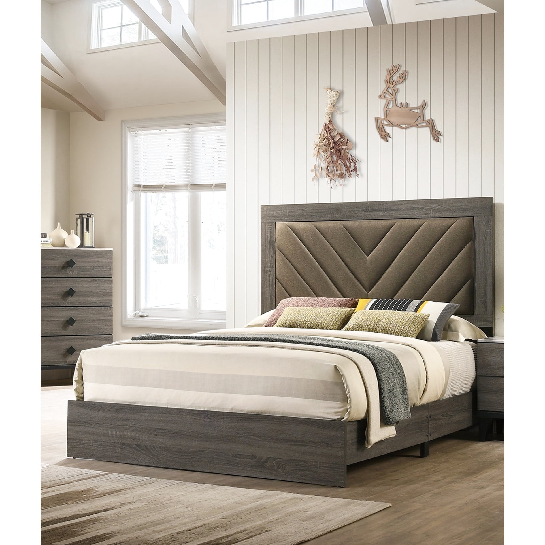 Transitional Queen Bed - Gray Upholstered Headboard Bedroom Decor ...