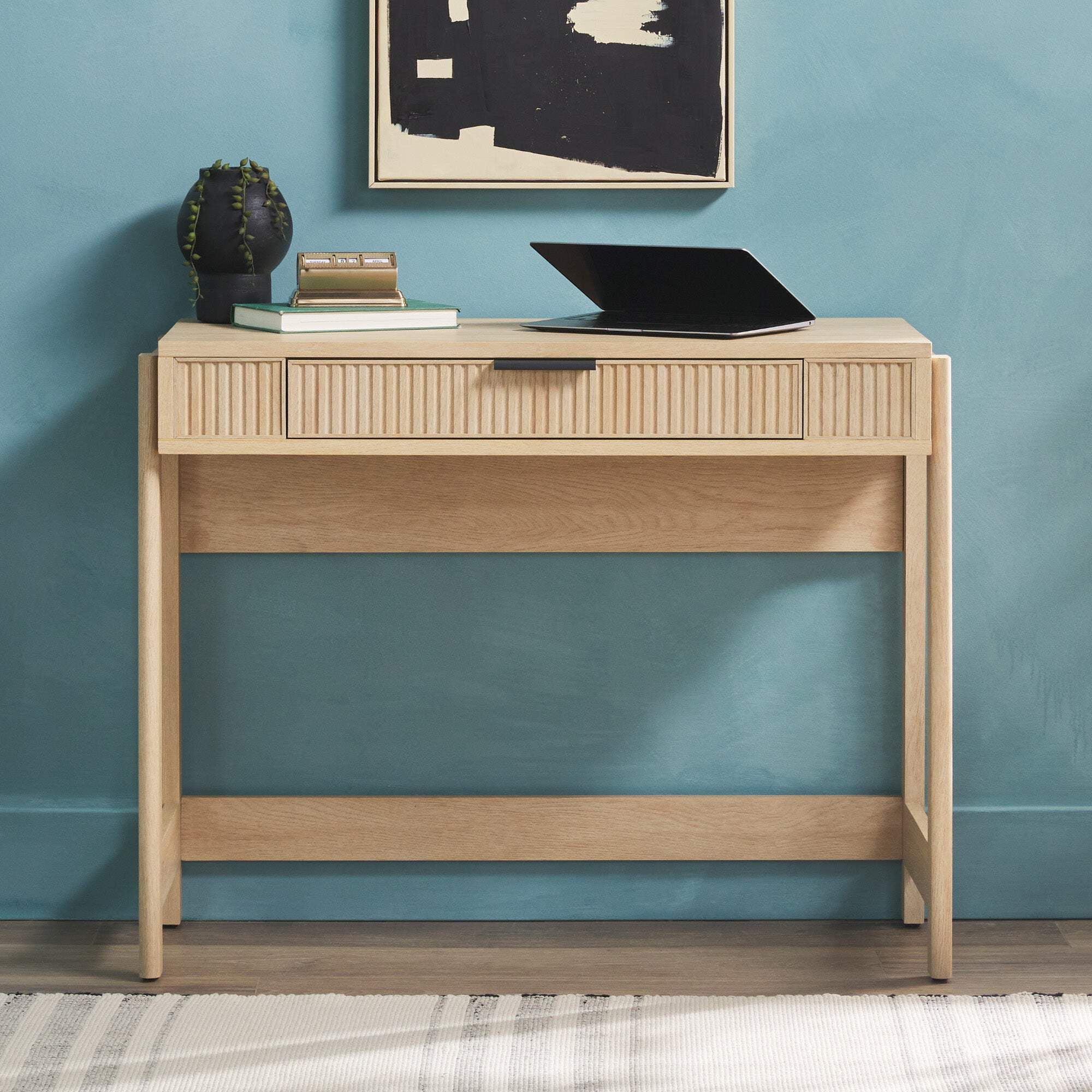 Transitional Reeded Lift Top Desk With Drawer Oak Oak Mdf Mdf - Walmart.com