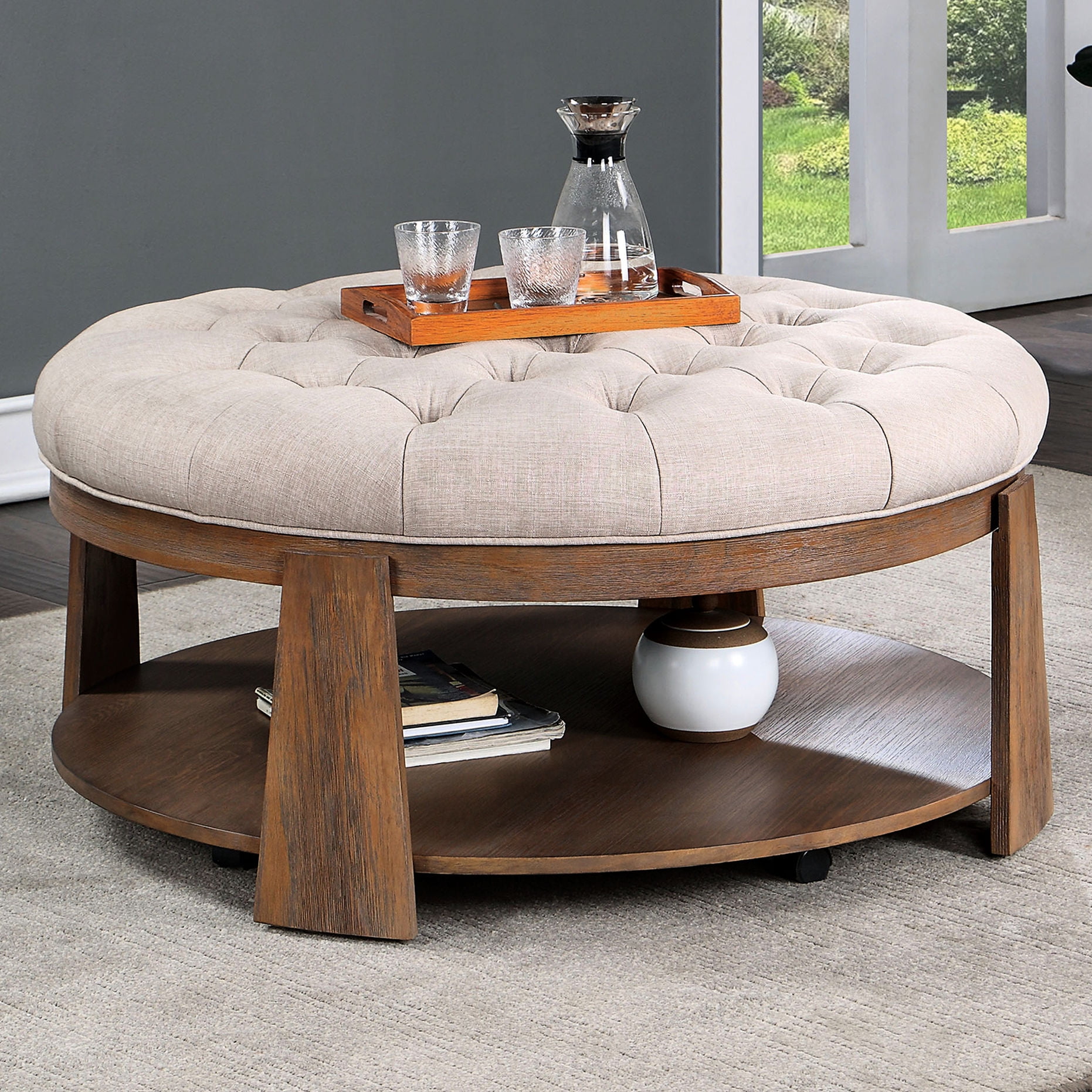 Transitional Round Ottoman | Suits Primary Living Space | Solid Wood ...