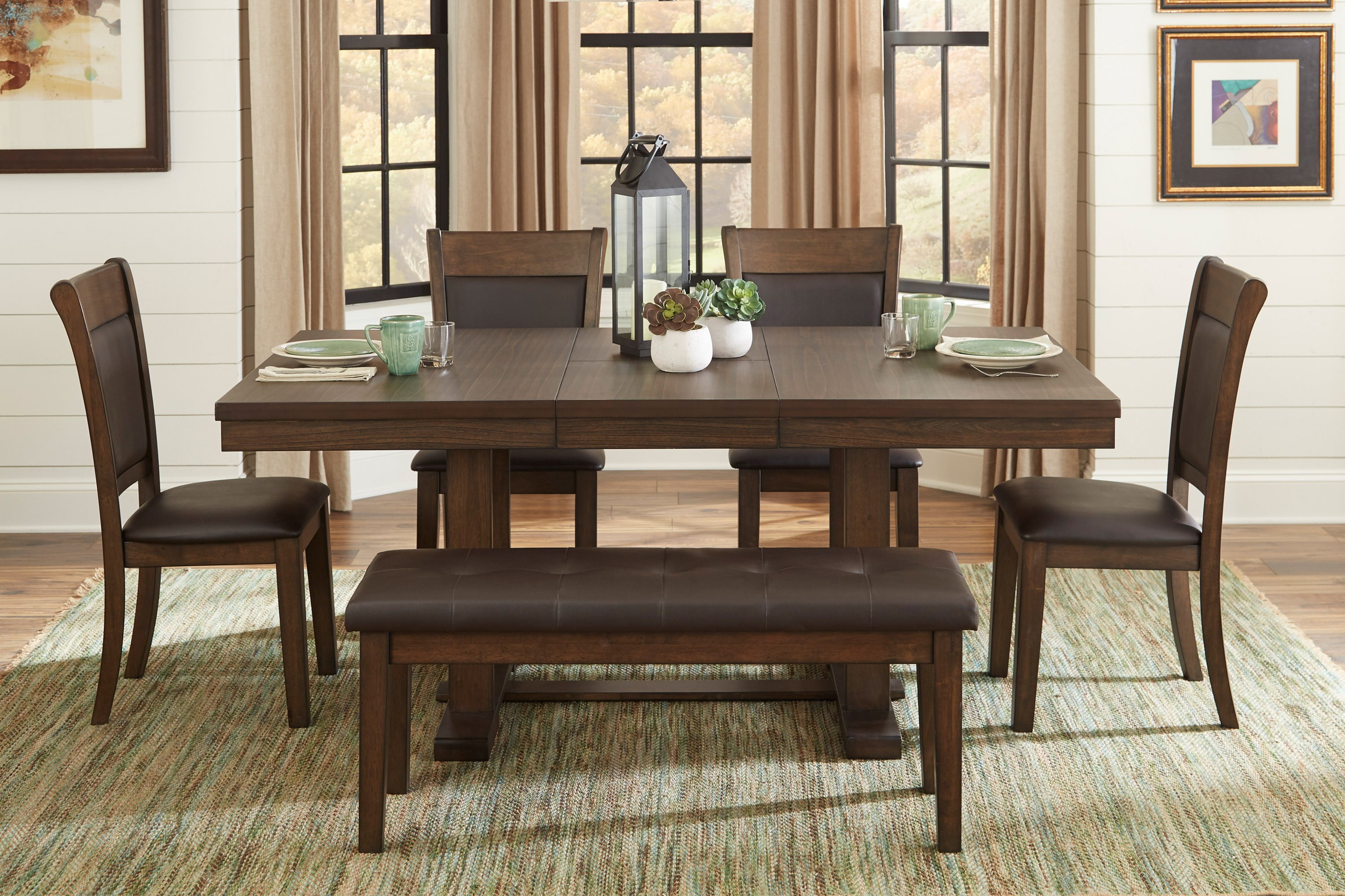 Transitional Rustic Brown Finish 6pc Dining Set Table w Leaf Bench 4 ...