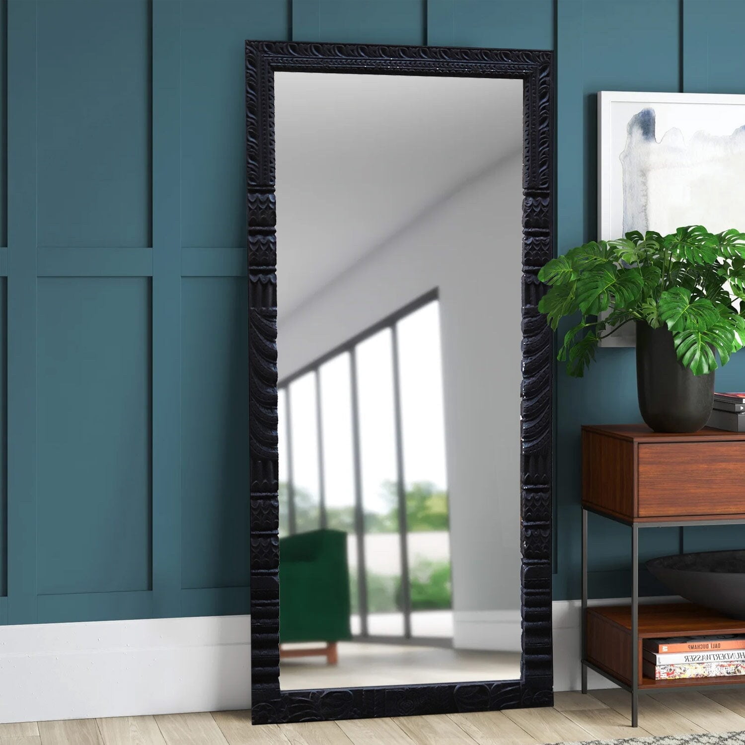 Transitional Style Hand Carved 83 Inch Tall Mirror |Distressed Black Natural Ornate Floor Mirror ...