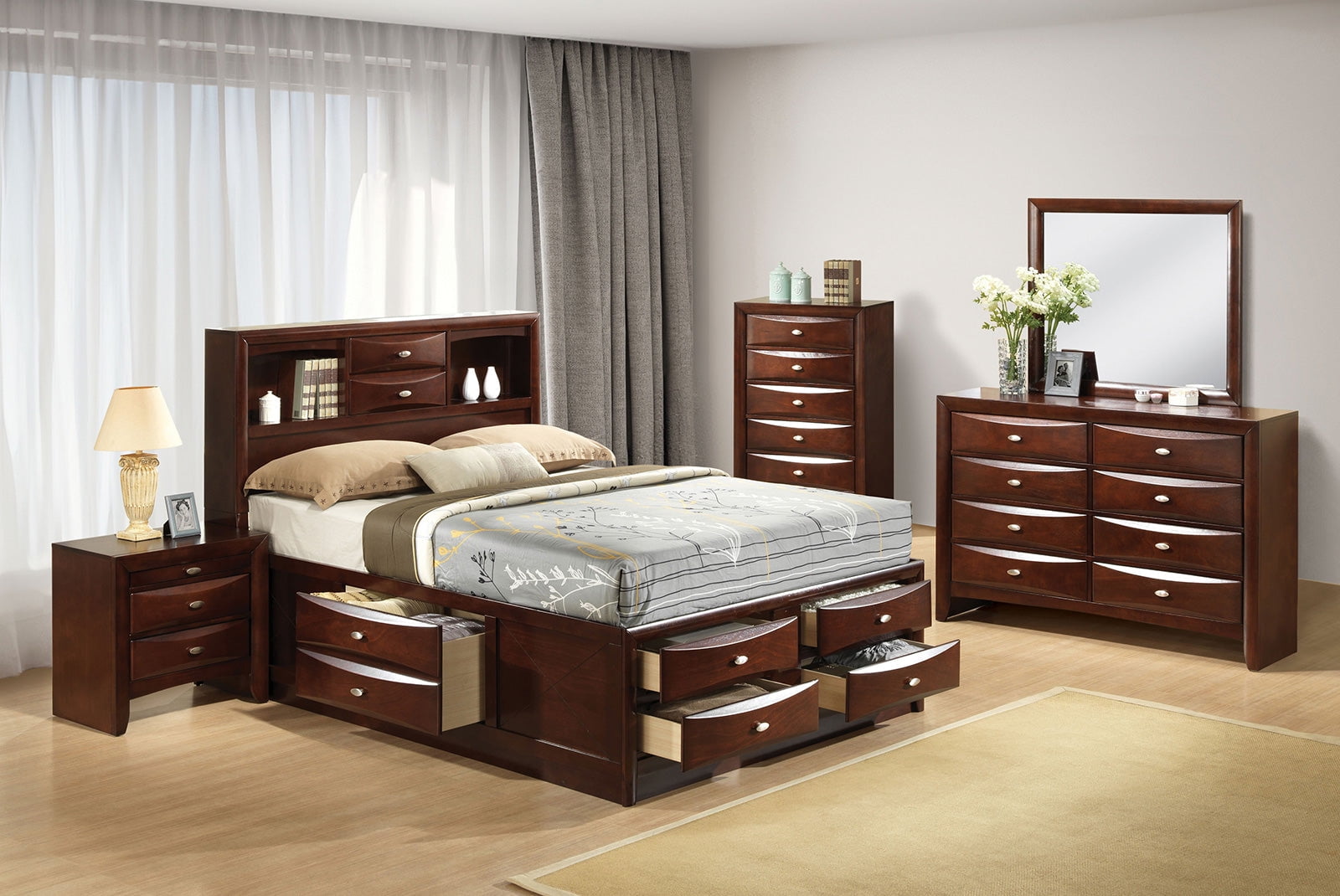 Transitional Style Queen Size 6 Pieces Bedroom Set Bed Dresser Mirror ...