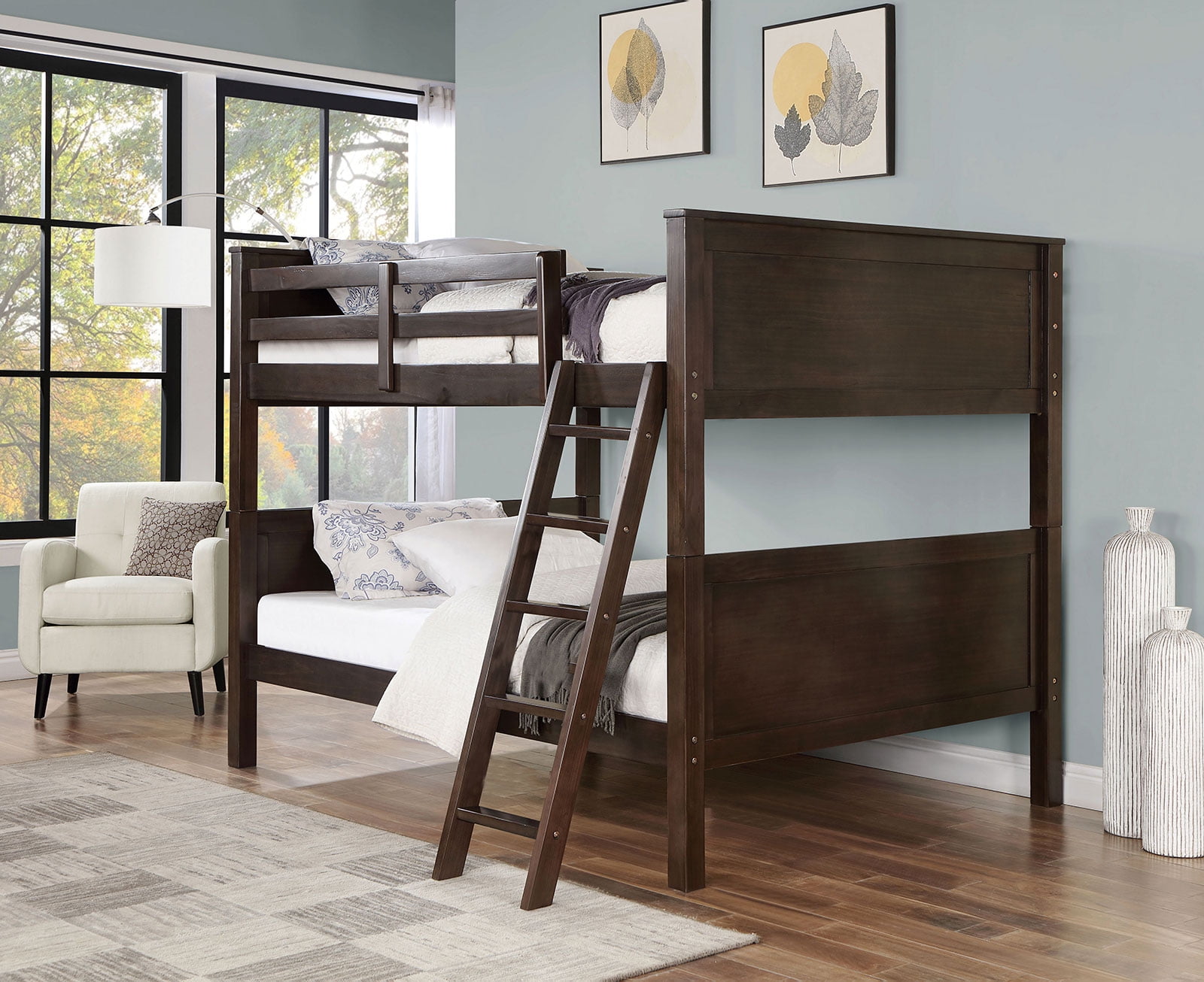 Transitional Style Full Over Full Bunk Bed With Footboard Ladder ...