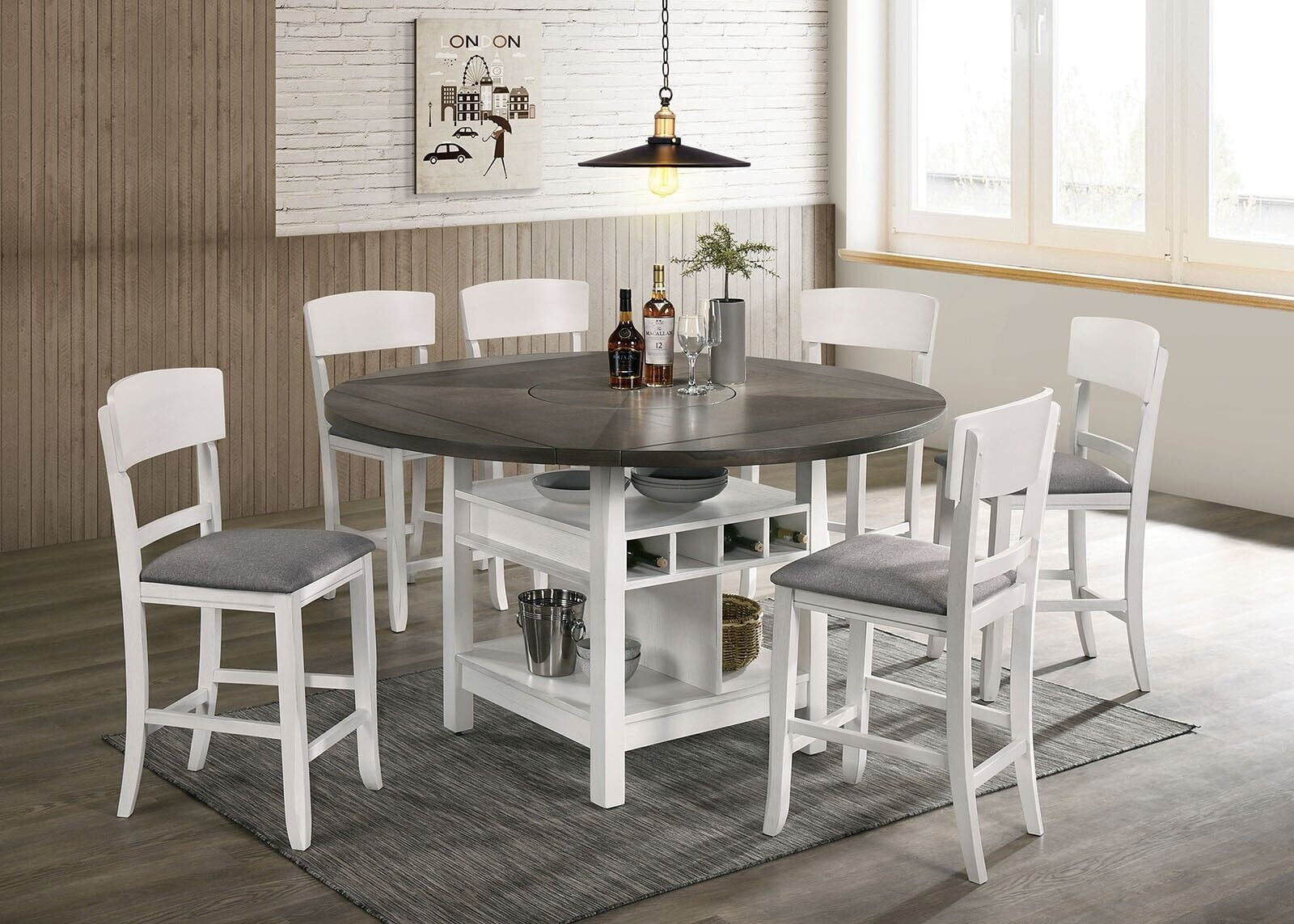 Transitional White Grey 7pc Dining Set Table w Drop Leaves Lazy Suzan ...