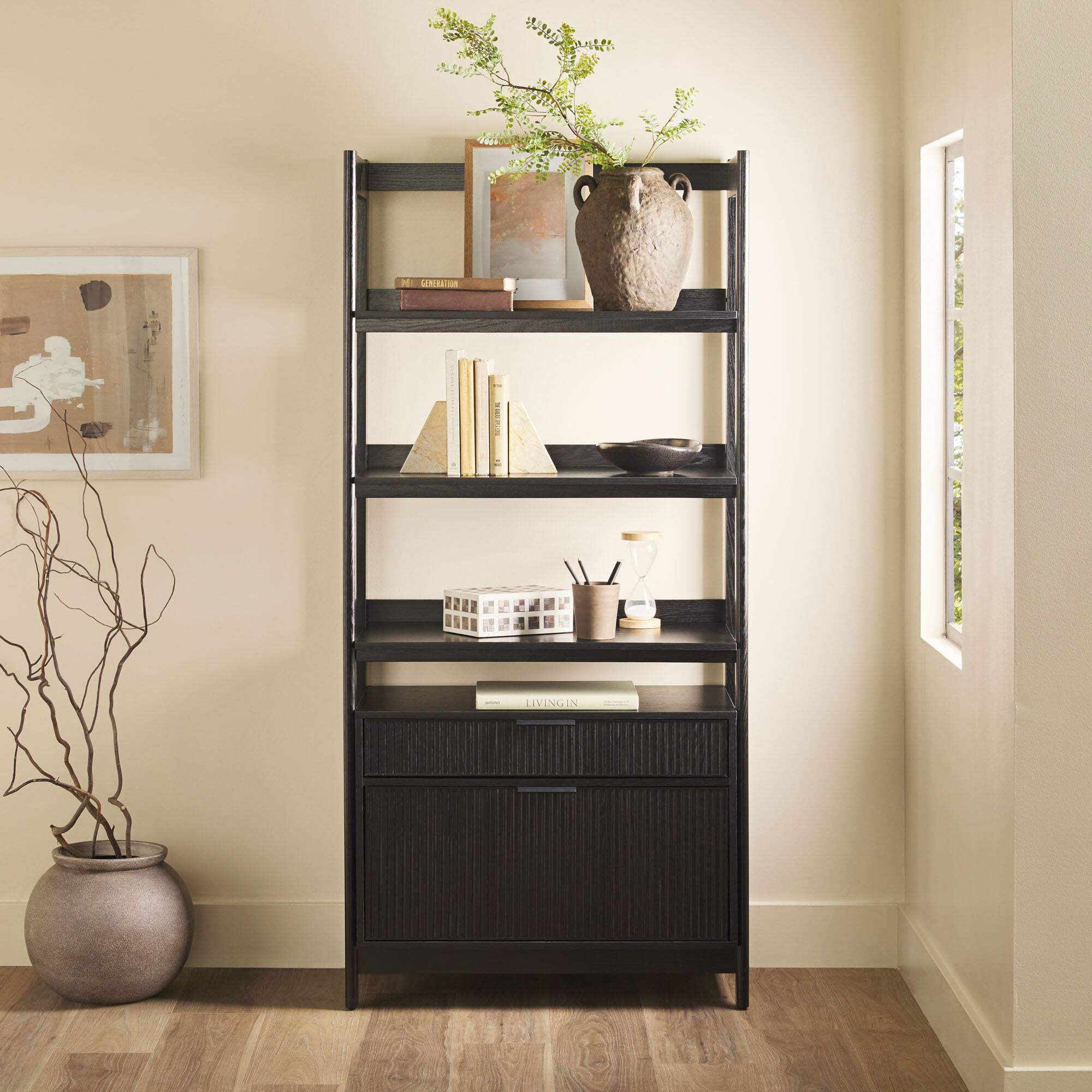 Transitional Wide Reeded Bookshelf With Drawers On Bottom Black Black ...