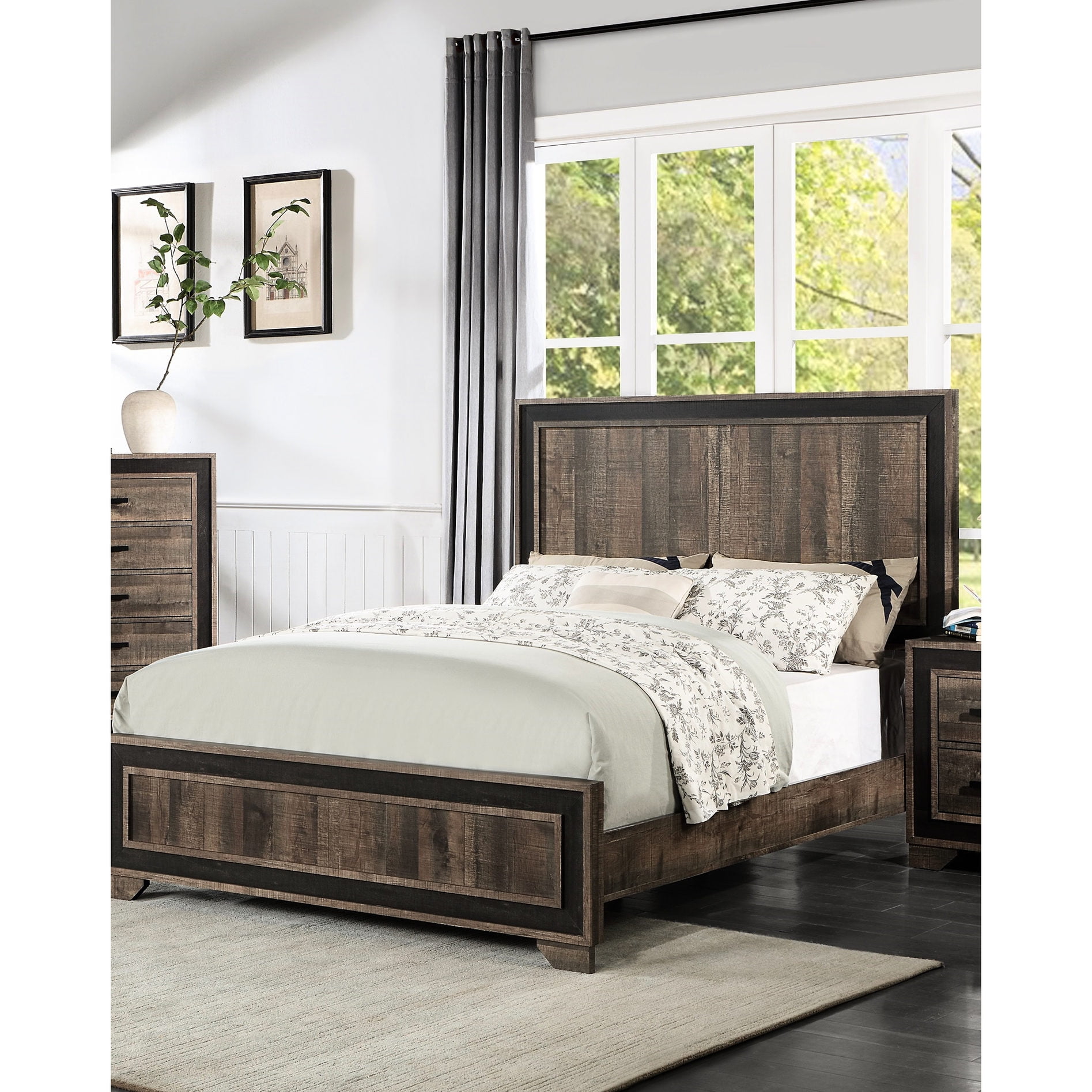 Transitional style oak finish king size wooden bed for master bedroom ...