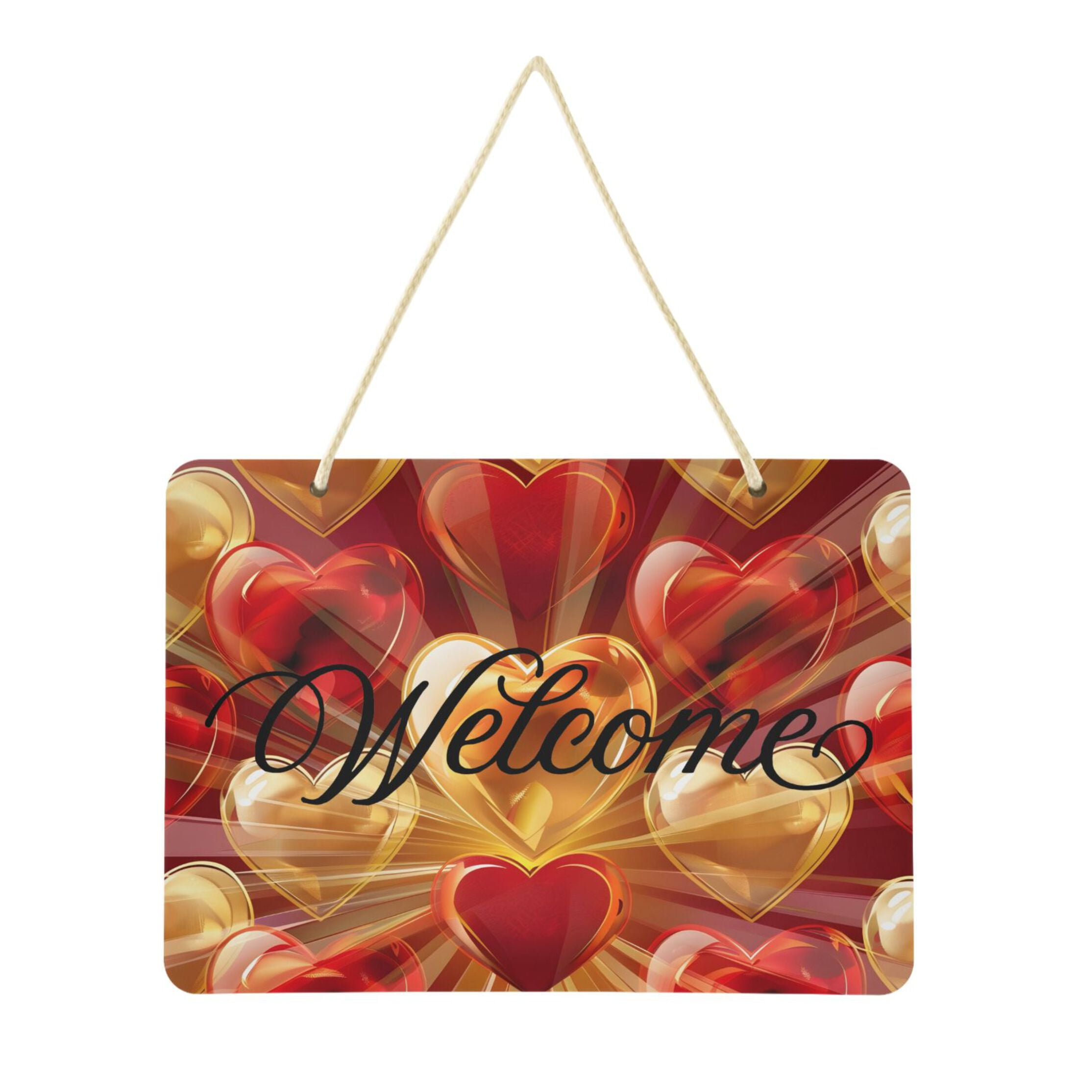 Translucent Gold and Red Hearts Welcome Sign Front Door PVC 14x10 inch ...