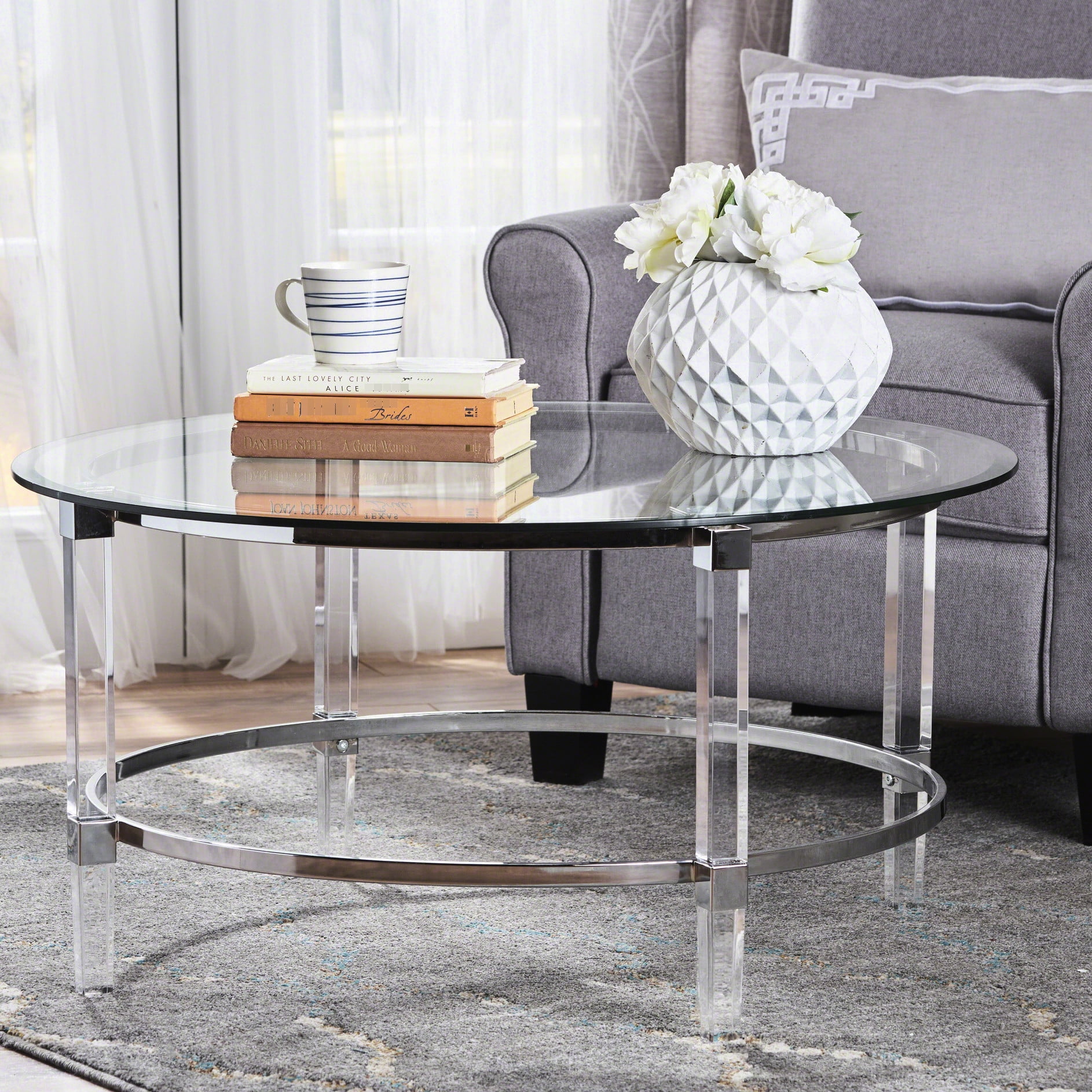 Translucent Round Coffee Table With Beveled Tempered Glass Modern Clear ...