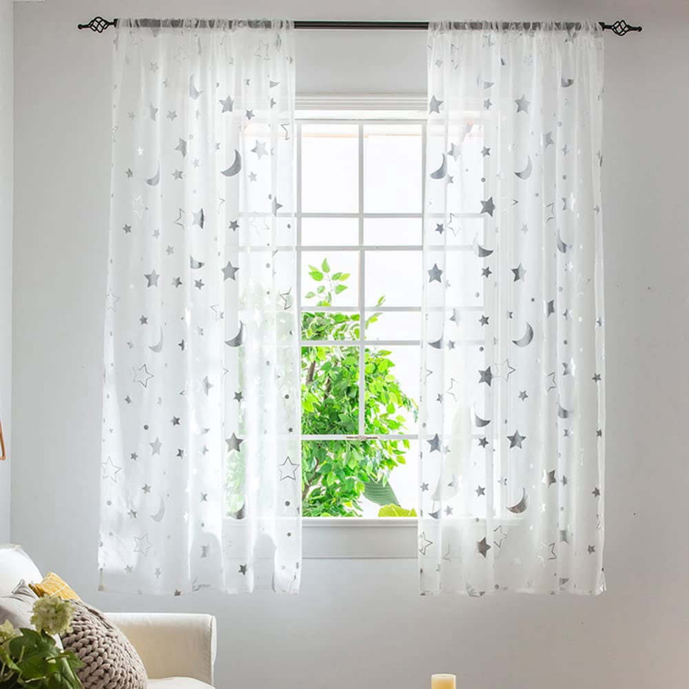 Translucent Sheer Curtains, Moon Star Printed Window Curtain Sheer ...