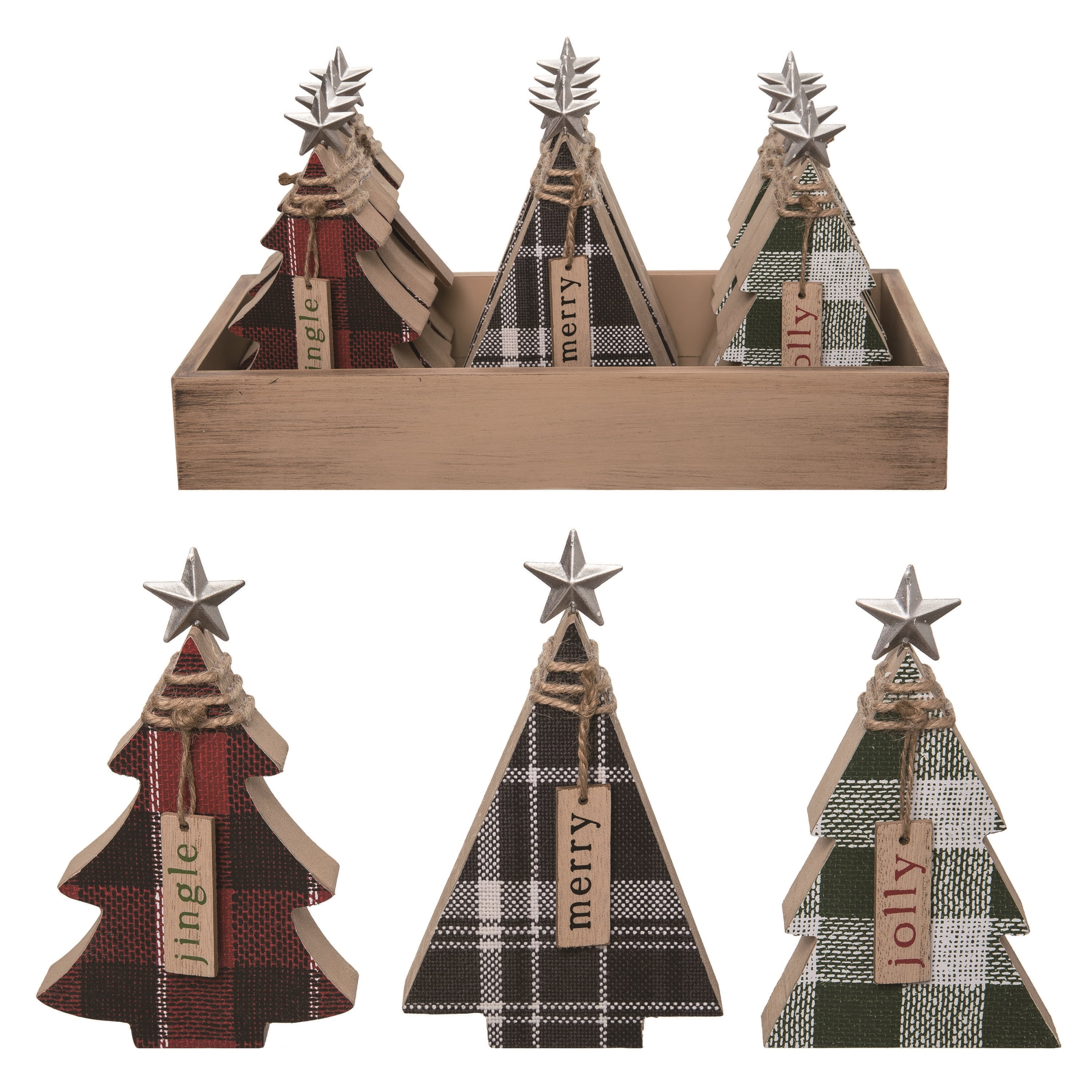 Transpac Wood 12.5 in. Multicolor Christmas Plaid Trees In Crate Set of ...