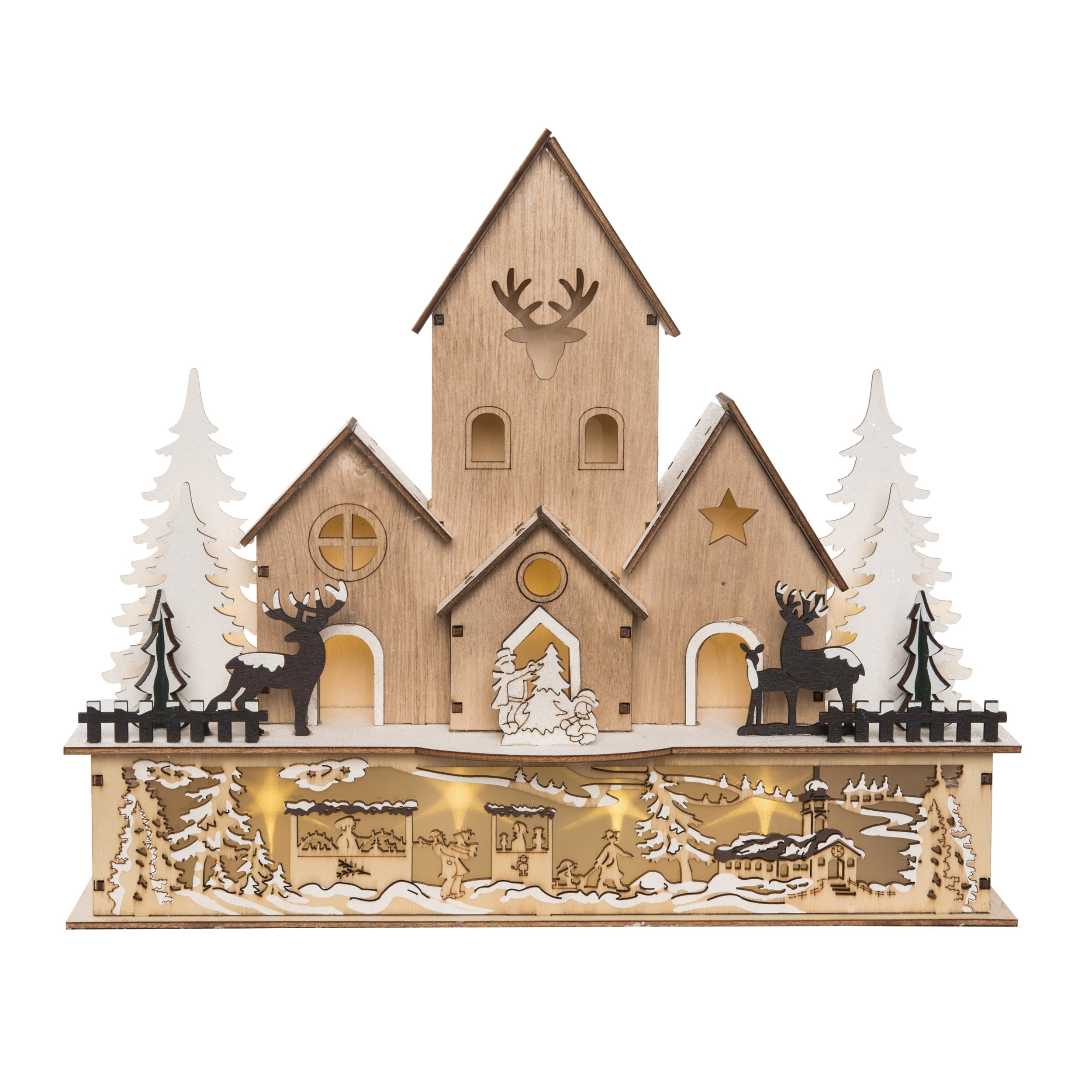 Transpac Wood 12 in. Multicolor Christmas Laser Cut Lodge Scene ...