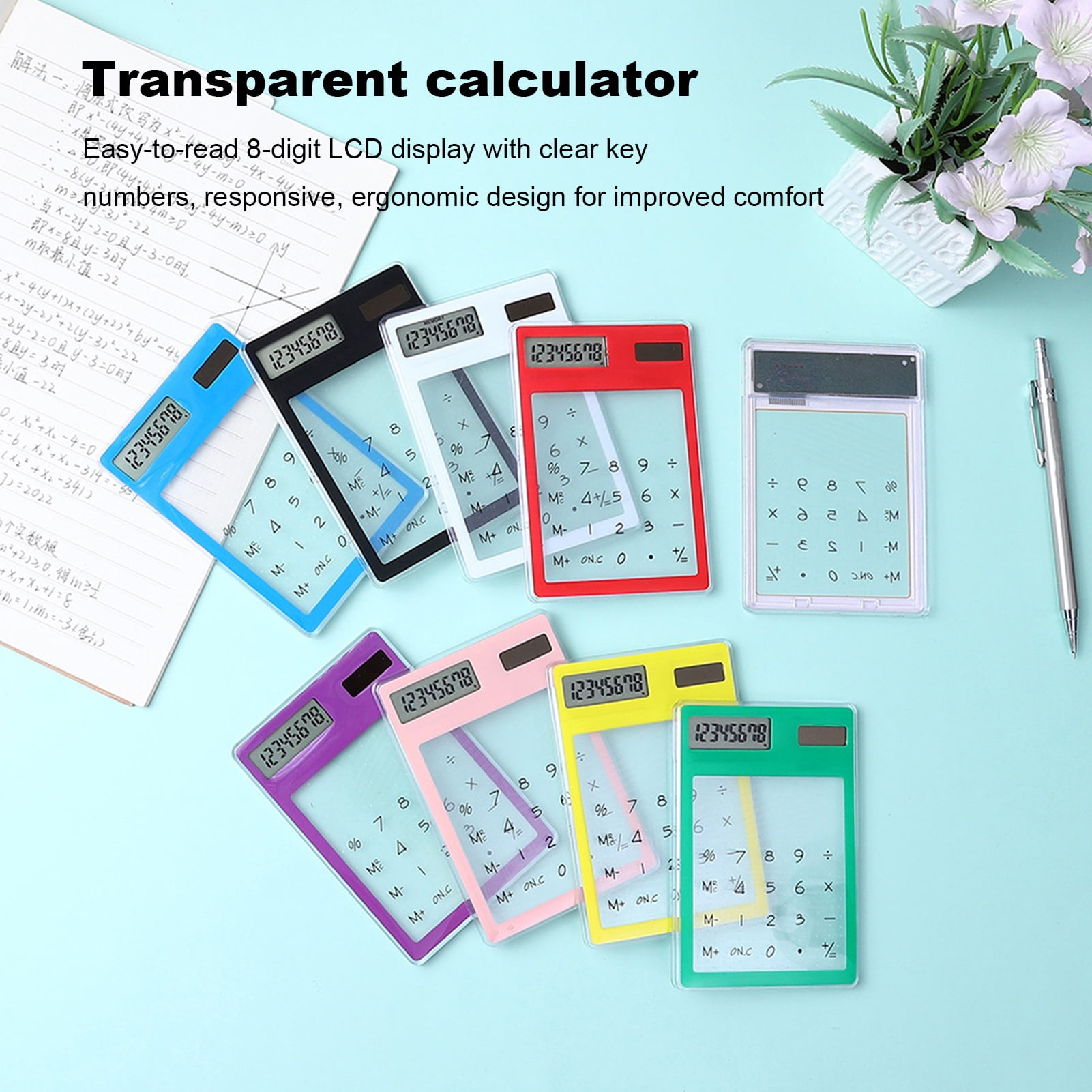 Transparent Calculator 8-Digit Display Calculator Solar Power Supply ...