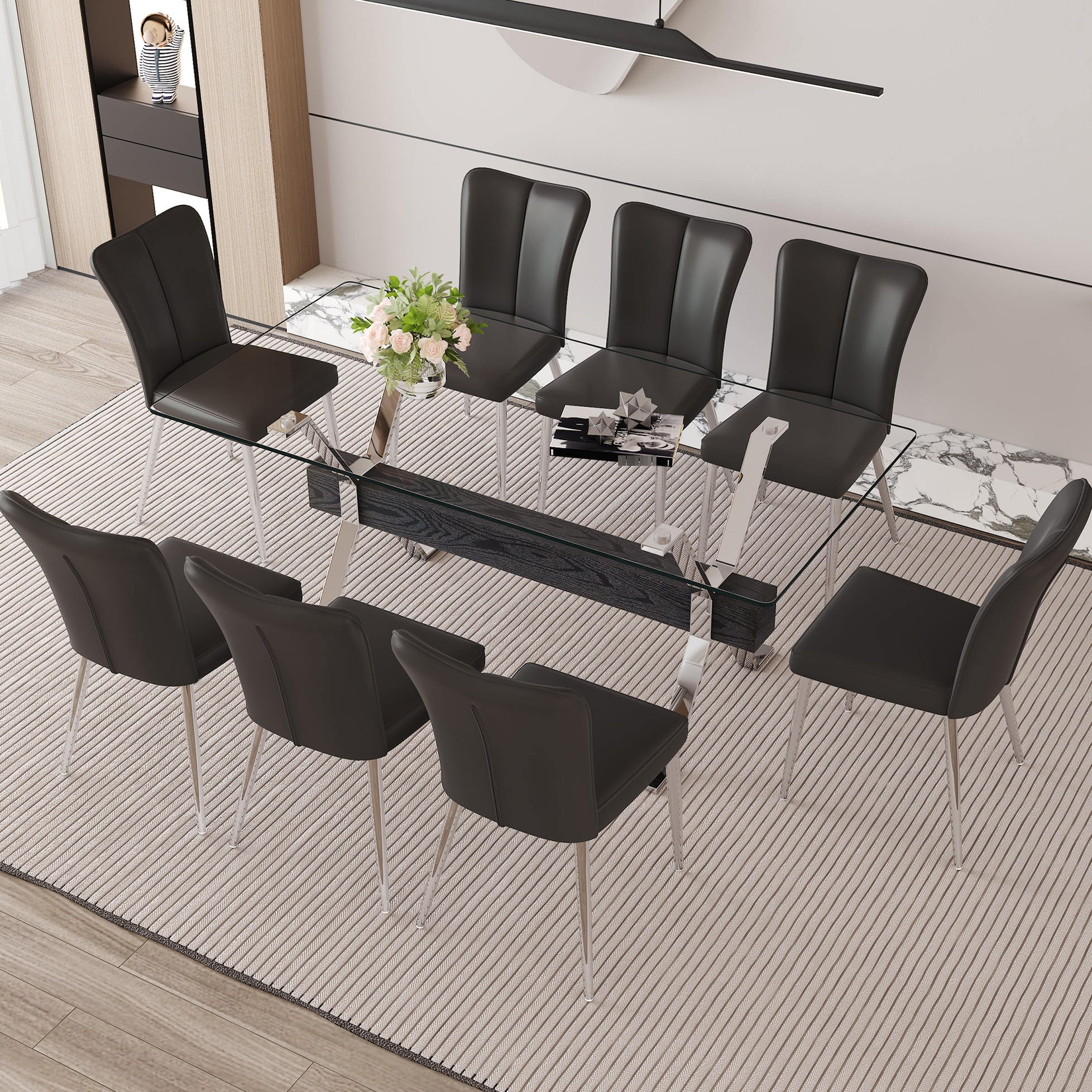 Transparent Glass Dining With 8 Black Pu Chairs - Spacious Tabletop, X ...