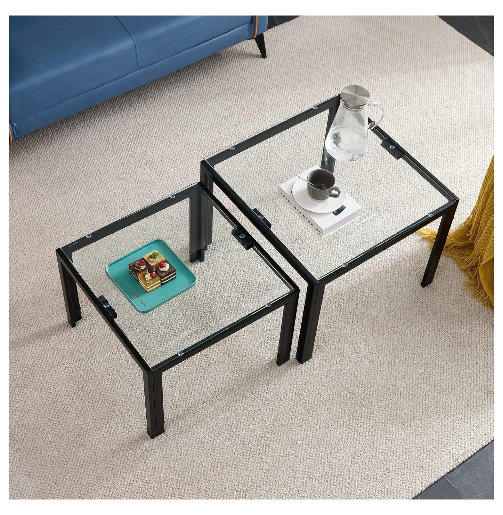 Transparent Glass Nesting Coffee Table Set of 2, Square Modern Stacking ...