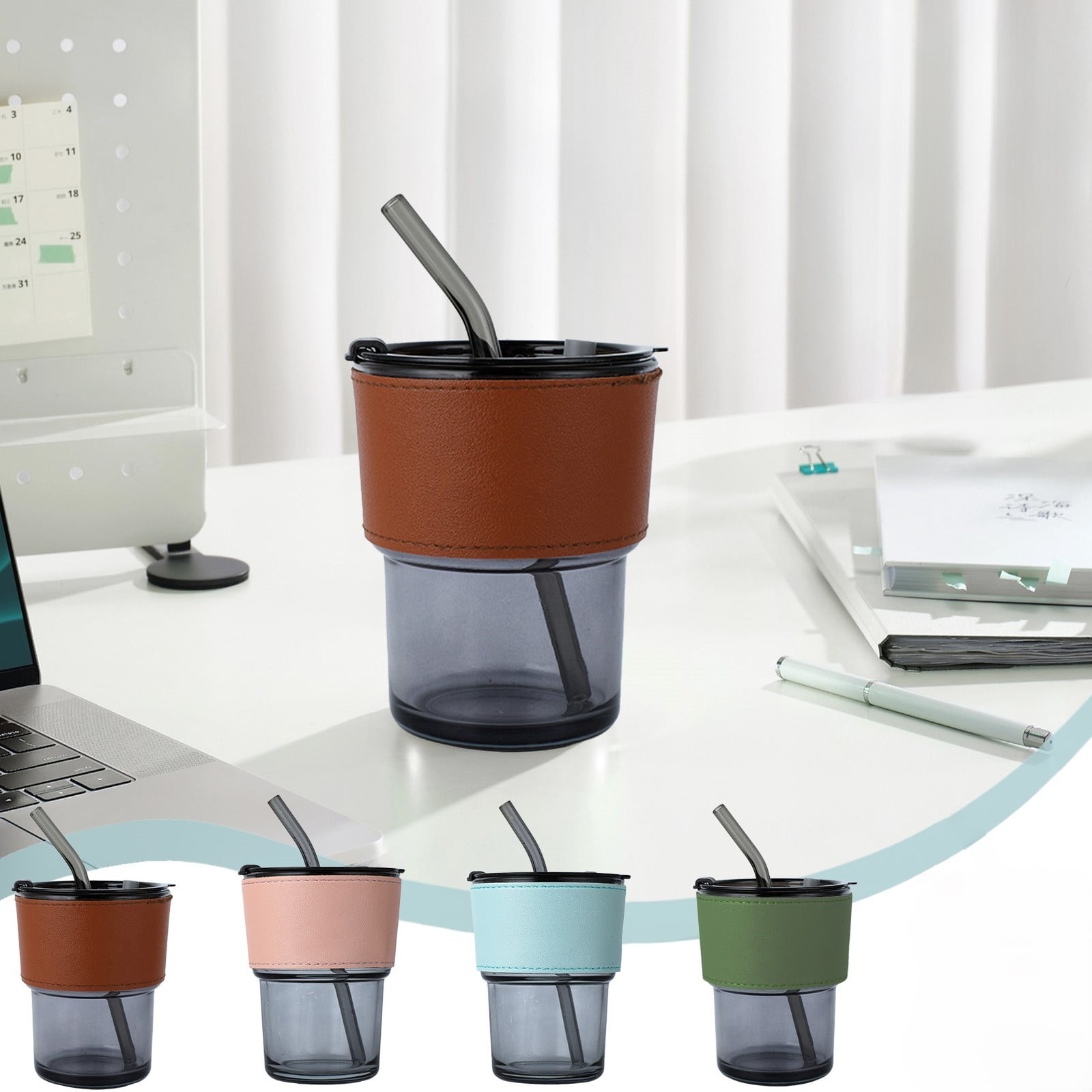 Transparent Glass Straw Cup 420ml | Covered Office Water Mug with ...