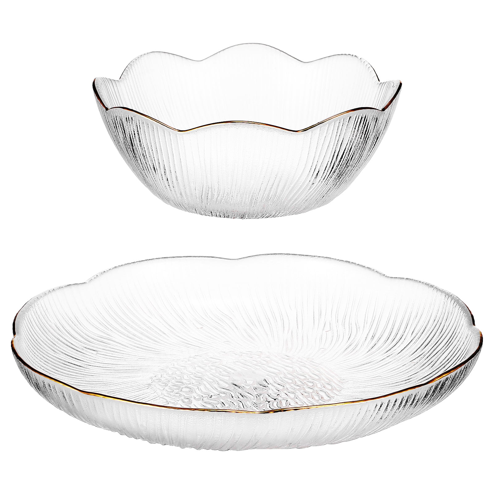 Transparent Gold-rimmed Wavy Glass Bowl + Plate (small Size) Salad ...