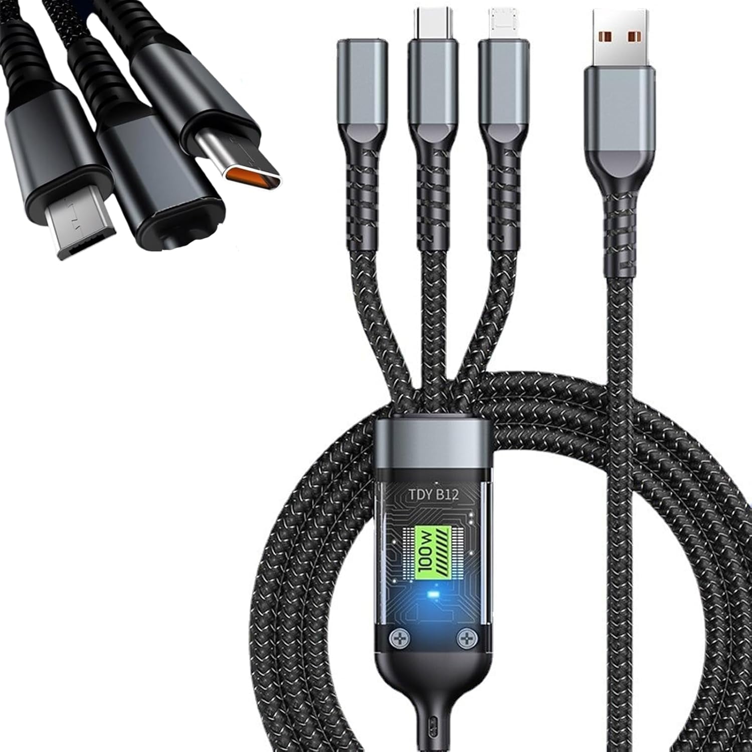 Transparent Luminous Super Fast Charging 3-in-1 Data Cable, 100W Multi ...