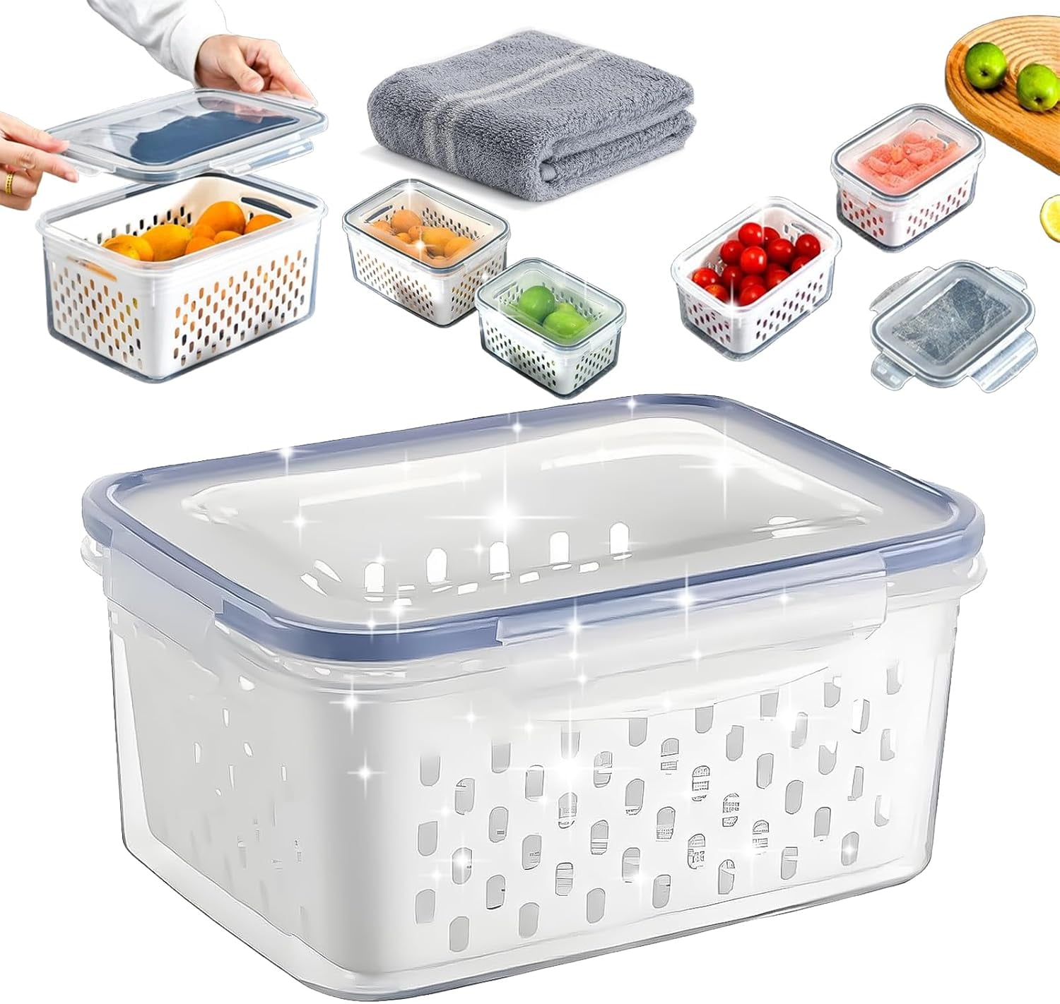 Transparent Plastic Food Storage Box-Including Drain Basket, Portable ...