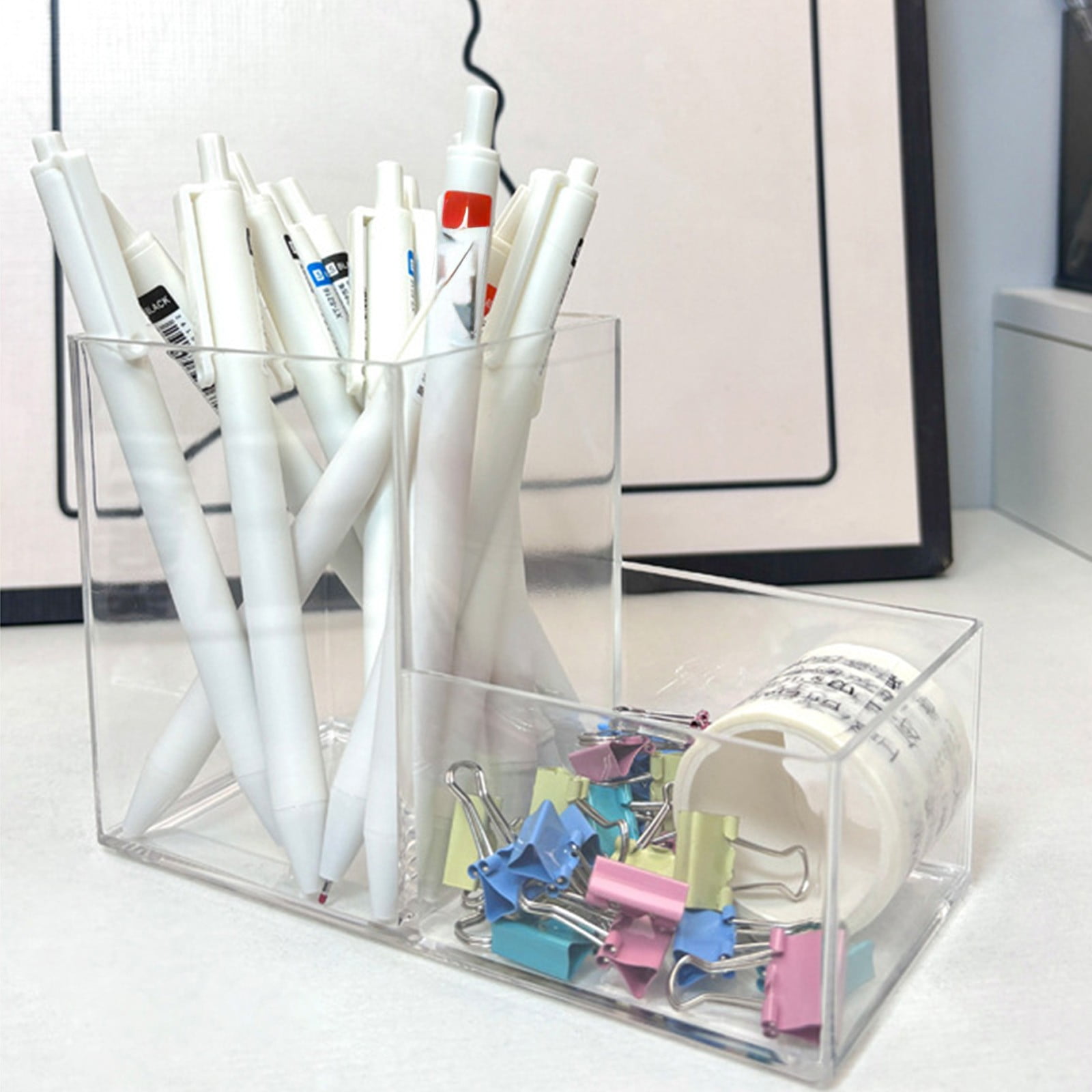 Transparent Plastic Pen Holder | 2-Grid Partitioned Desktop Organizer ...