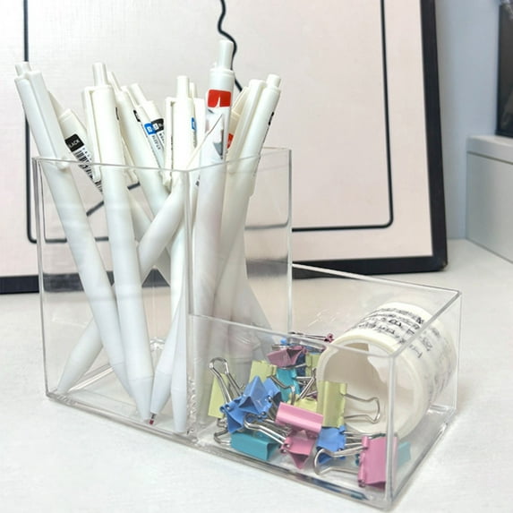 Transparent Plastic Pen Holder Organizer | 2-Grid Partitioned Storage ...