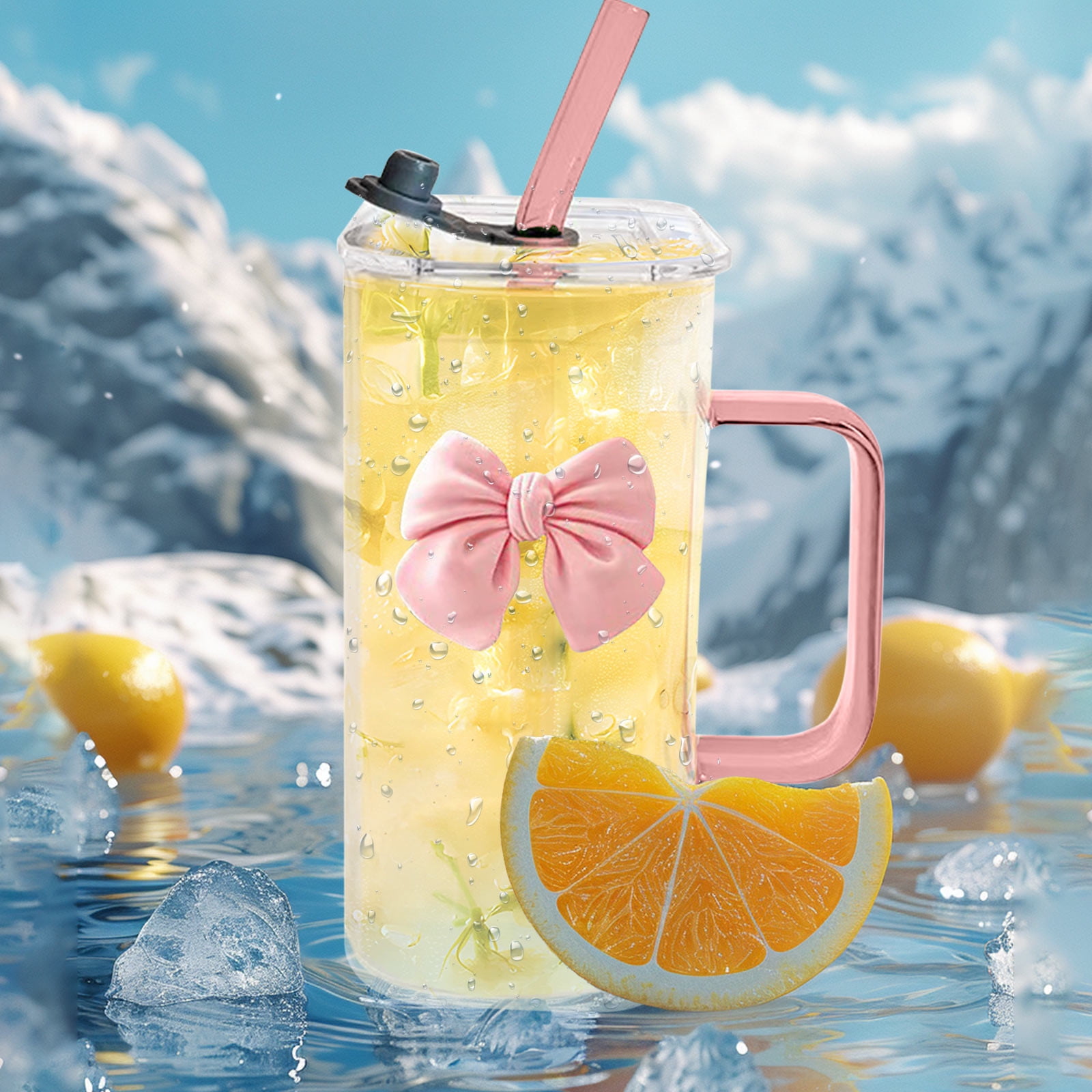 Transparent Square Glass Cup With Knot Handle | 400ml | Glass Straw ...