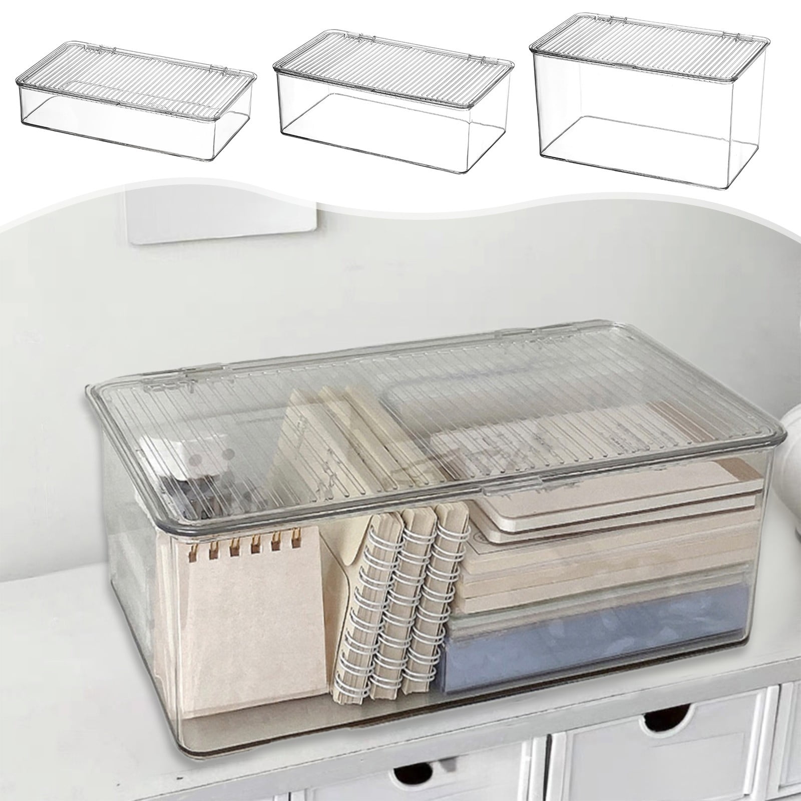Transparent Storage Box Organizer with Lid, Gray Plastic Desktop ...