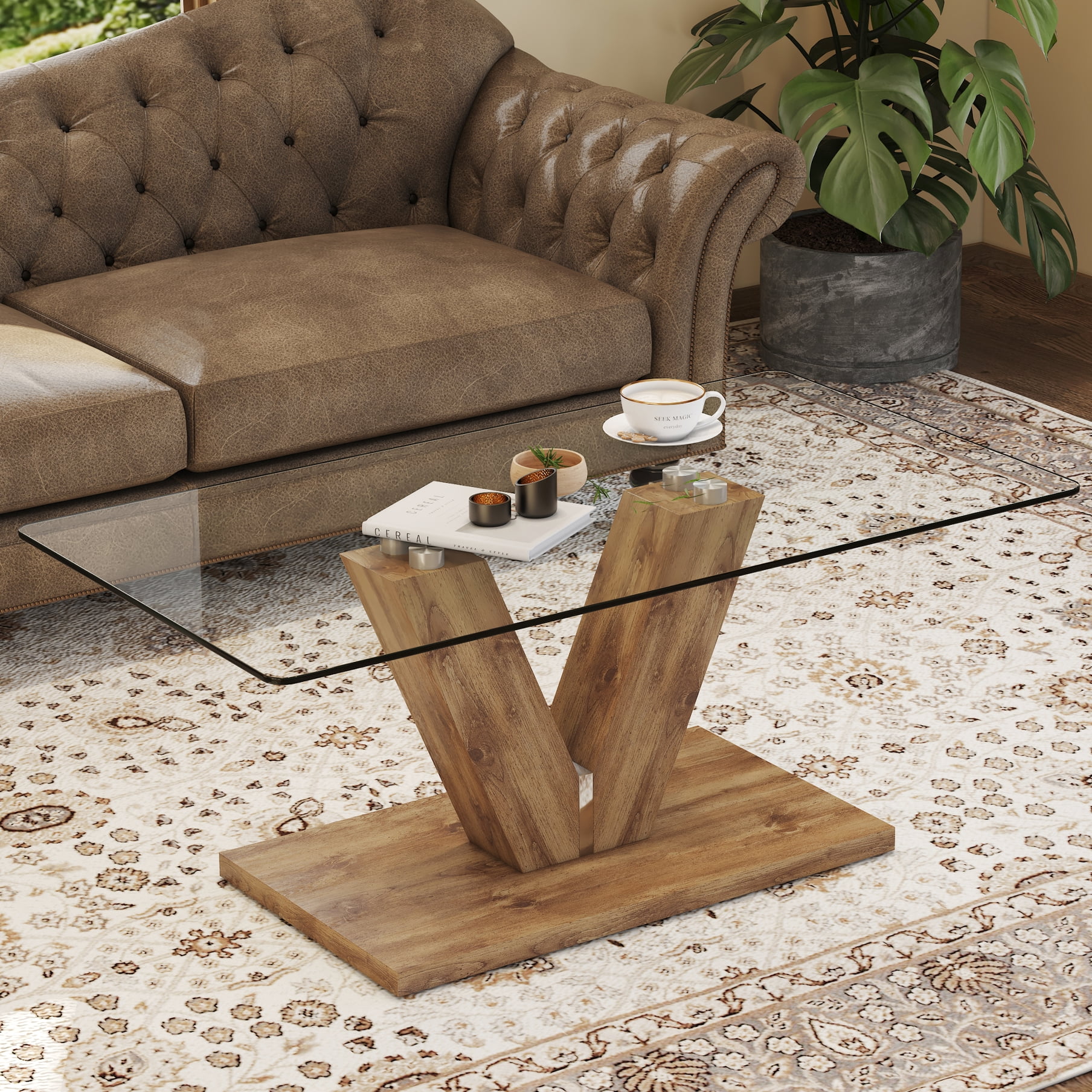 Transparent Tempered Glass Coffee Table Paired With Pillars Modern ...