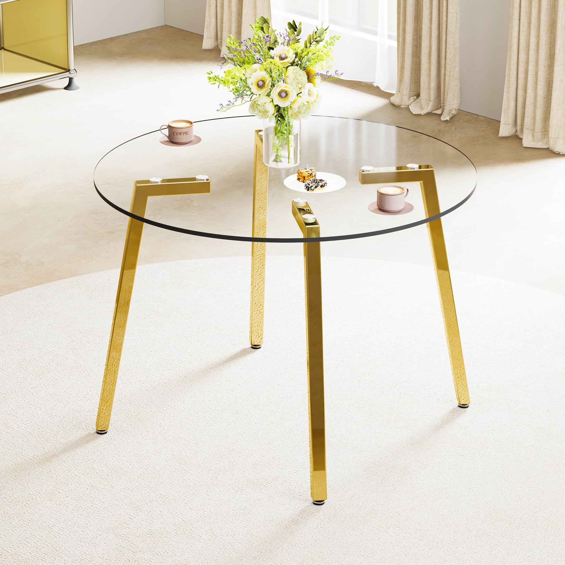 Transparent Tempered Glass Dining Table With Golden Metal Legs, 42"x42 ...