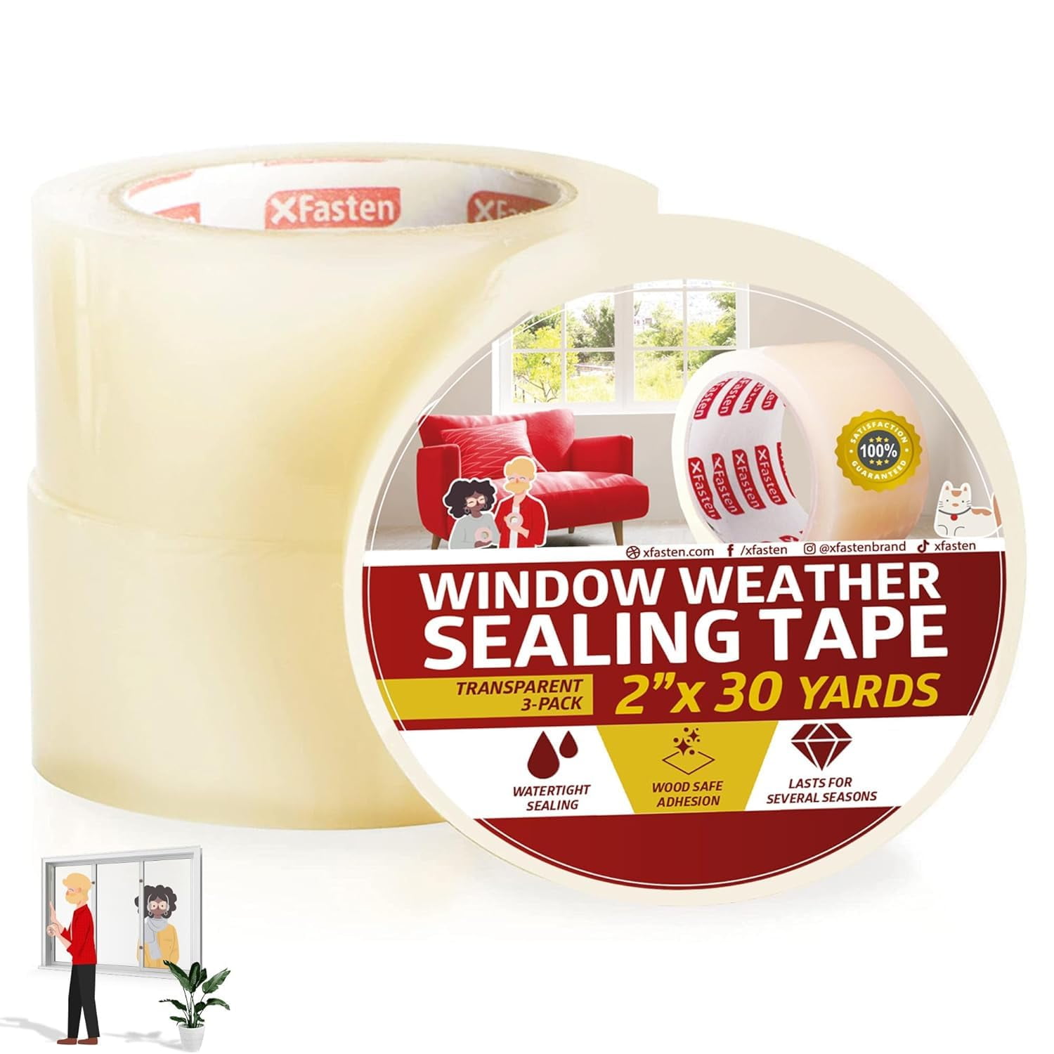 Transparent Window Weather Stripping Tape 2”x30yds (3-Pack Total 90yds ...