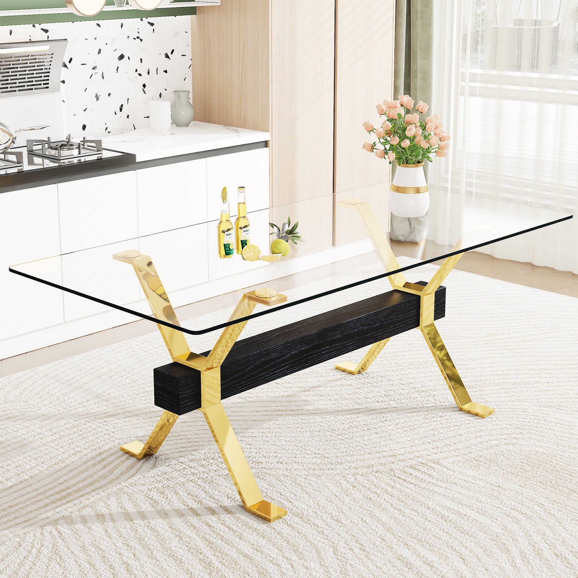 Transparent Work Table With Crossbar And Metal Legs, Tempered Glass Top ...
