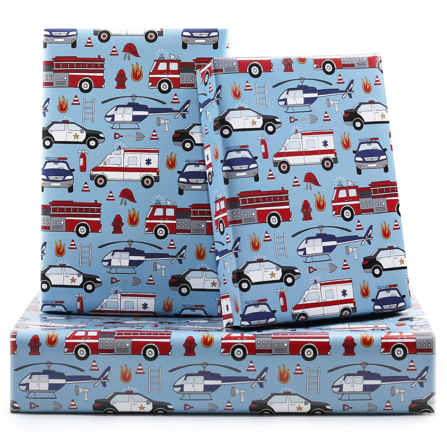 Transport Birthday Wrapping PriNst Paper, 7 Sheets Police Car FireTruck ...