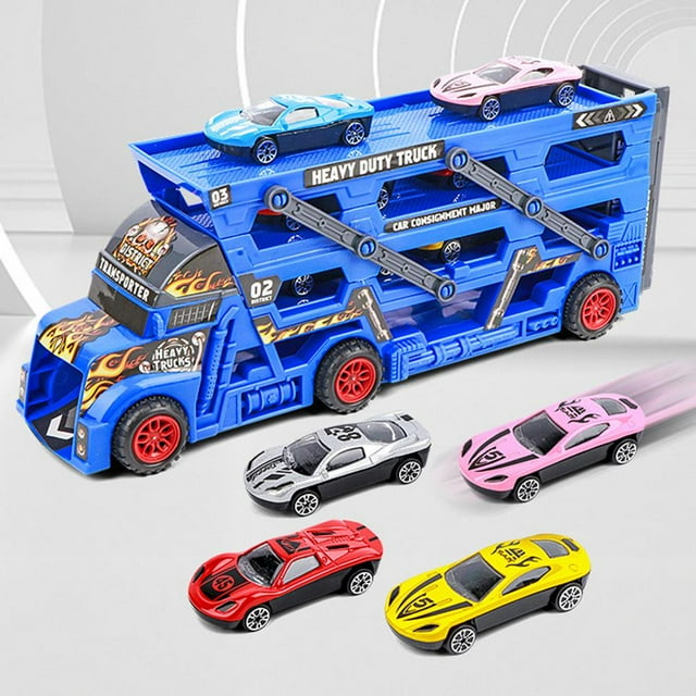 Transport Car Carrier Truck Toy with 6 Mini Alloy Cars, Retractable 3 ...